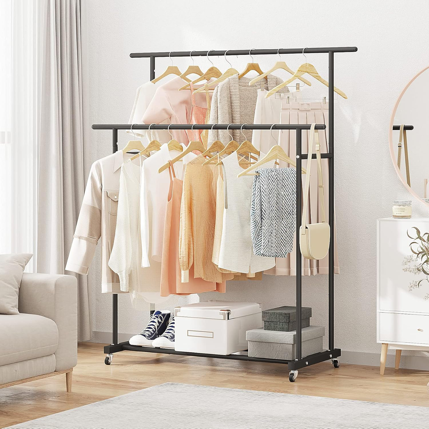Rebrilliant Double Rod Clothing Garment Rack Rolling Hanging Clothes ...
