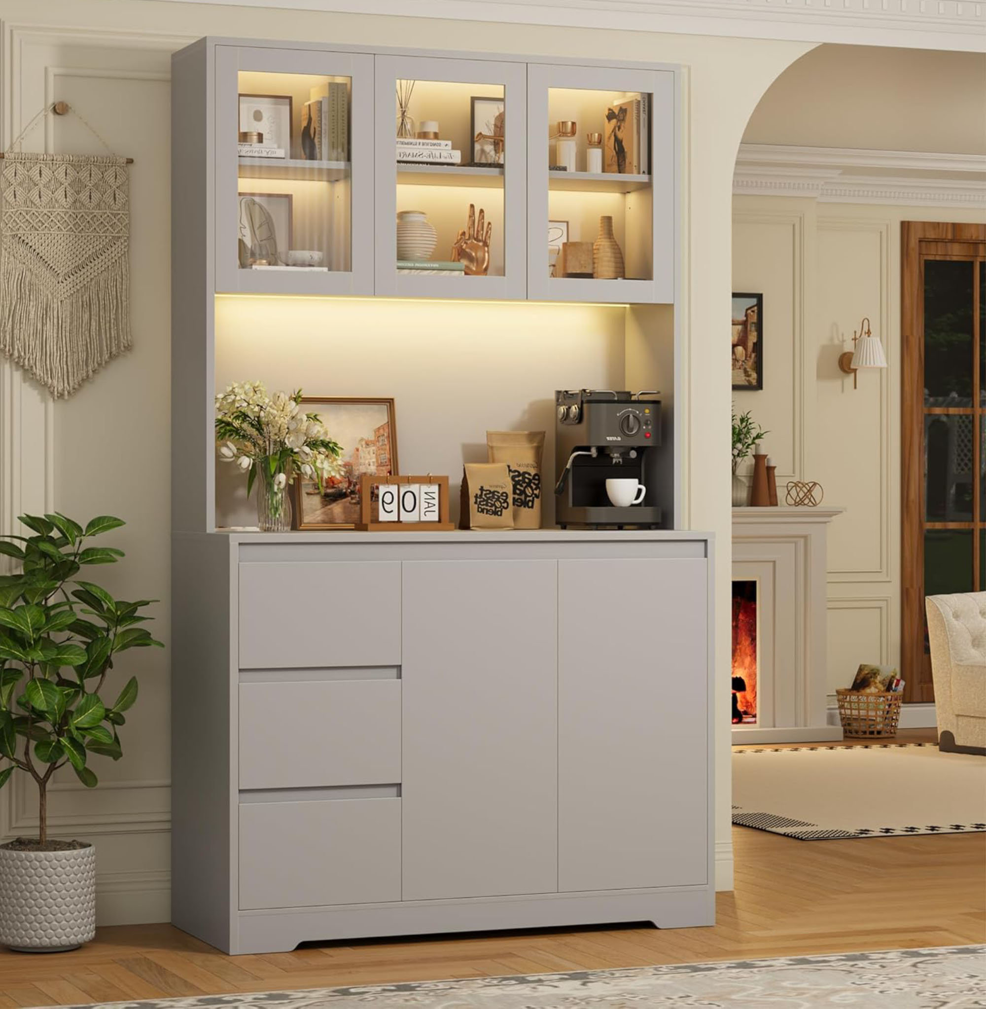 Orren Ellis Kitchen Pantry Cabinet With LED Lights And Charging Station ...