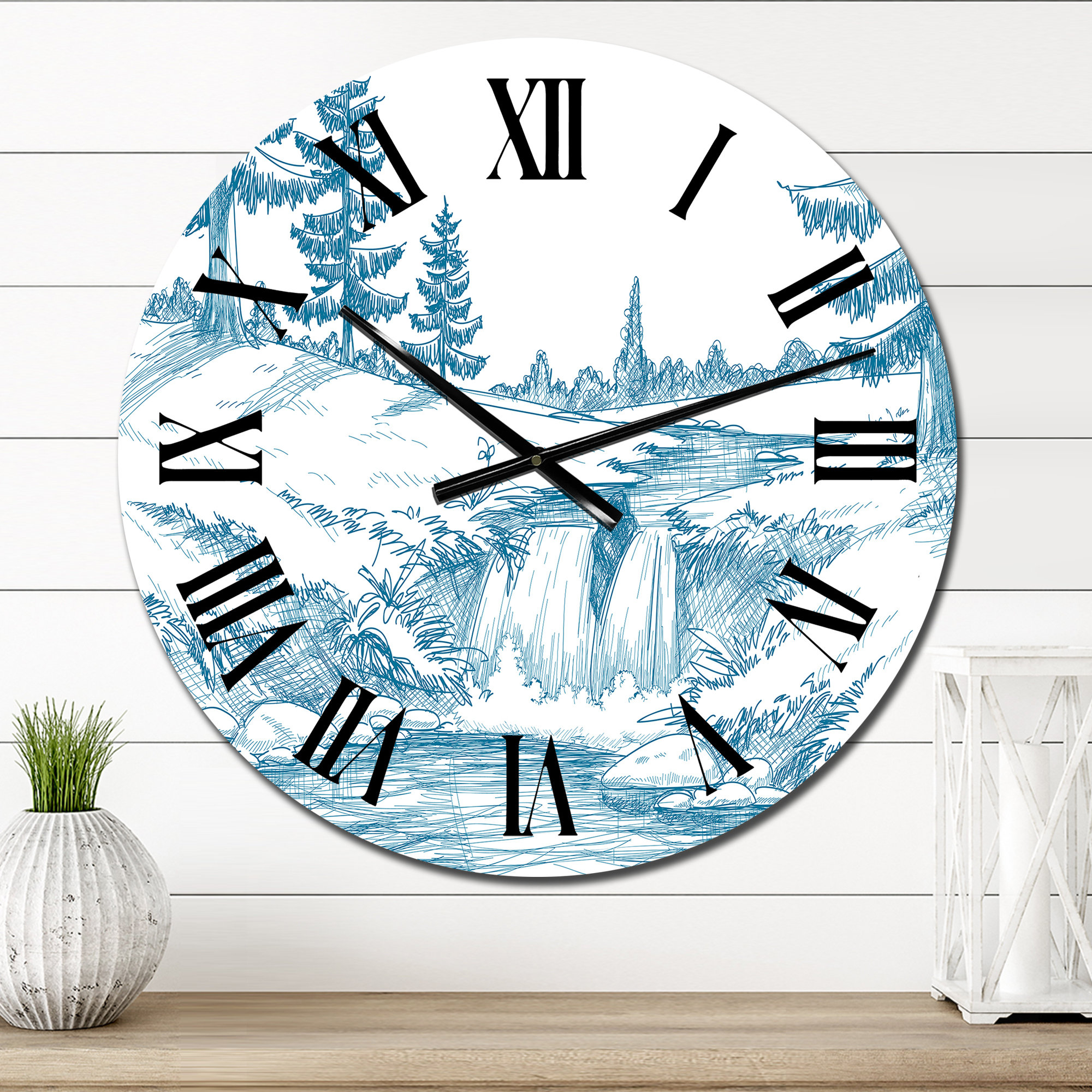 East Urban Home Light Blue Mountain River on White - Country Wall Clock ...