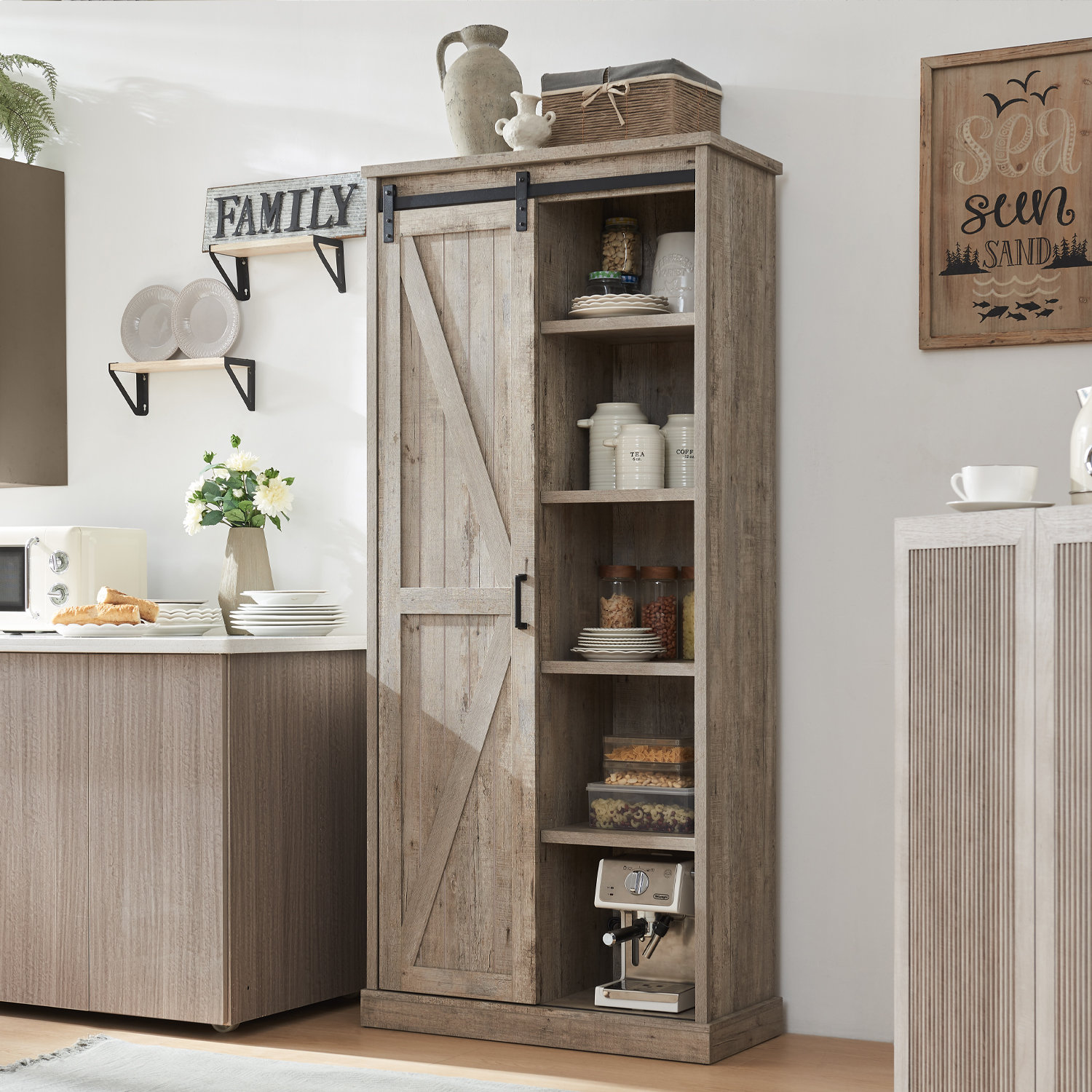 WFX Utility™ 72'' Kitchen Pantry with Sliding Barn Door, 5-Tier Storage ...