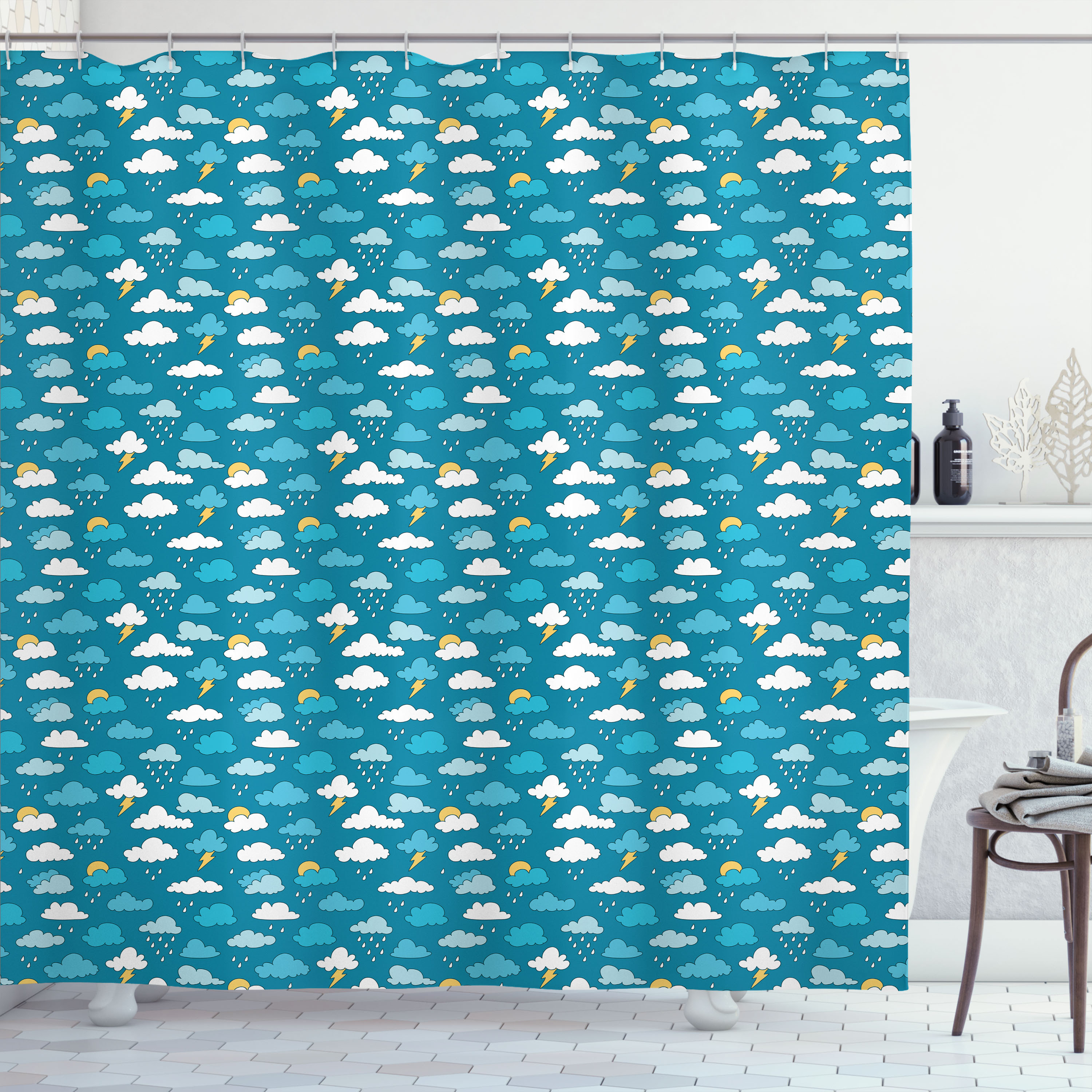 East Urban Home Cartoon Shower Curtain Sky Rain Clouds Bolts Sun Sea ...