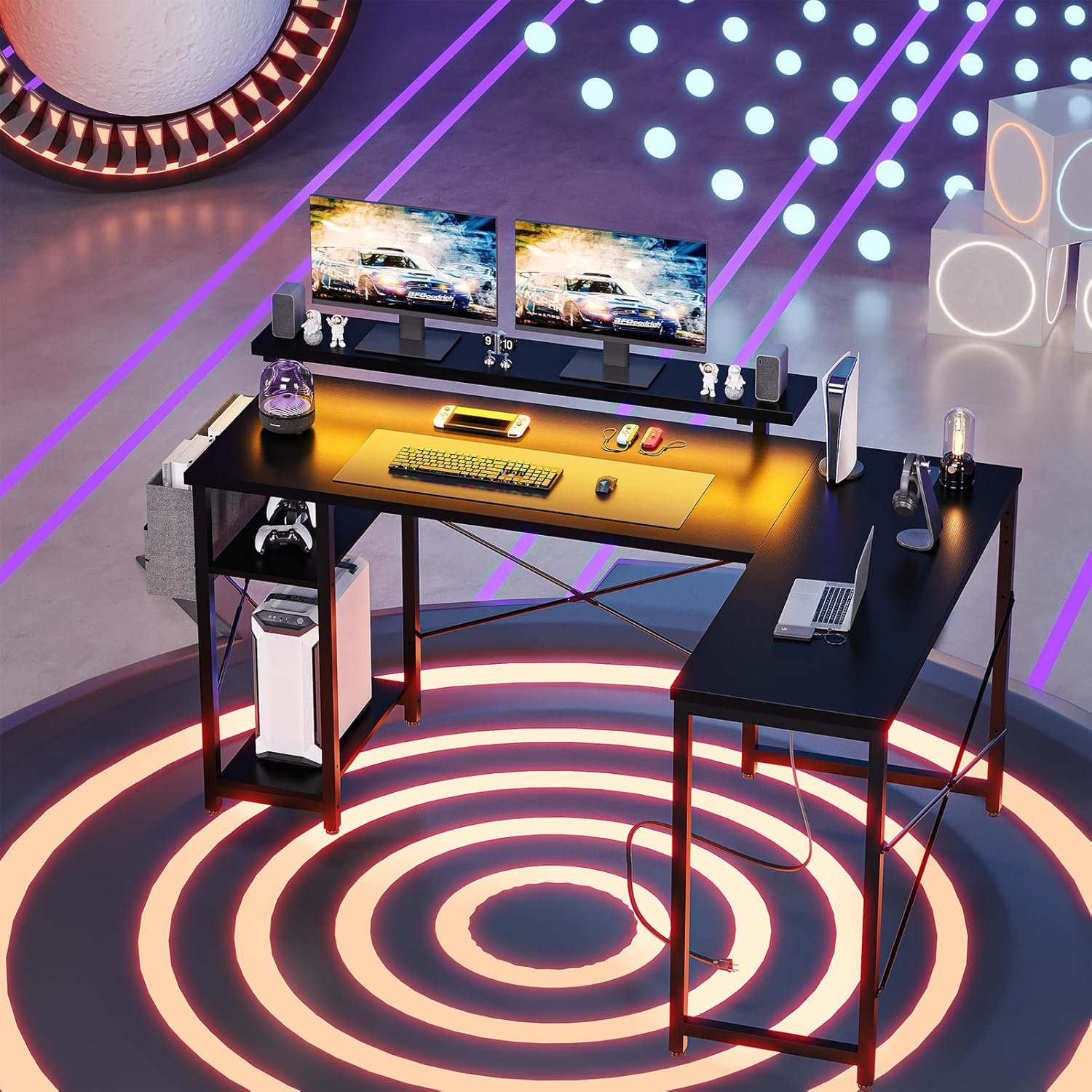 Wrought Studio™ L Shaped Computer Gaming Desk With Power Outlet & LED ...