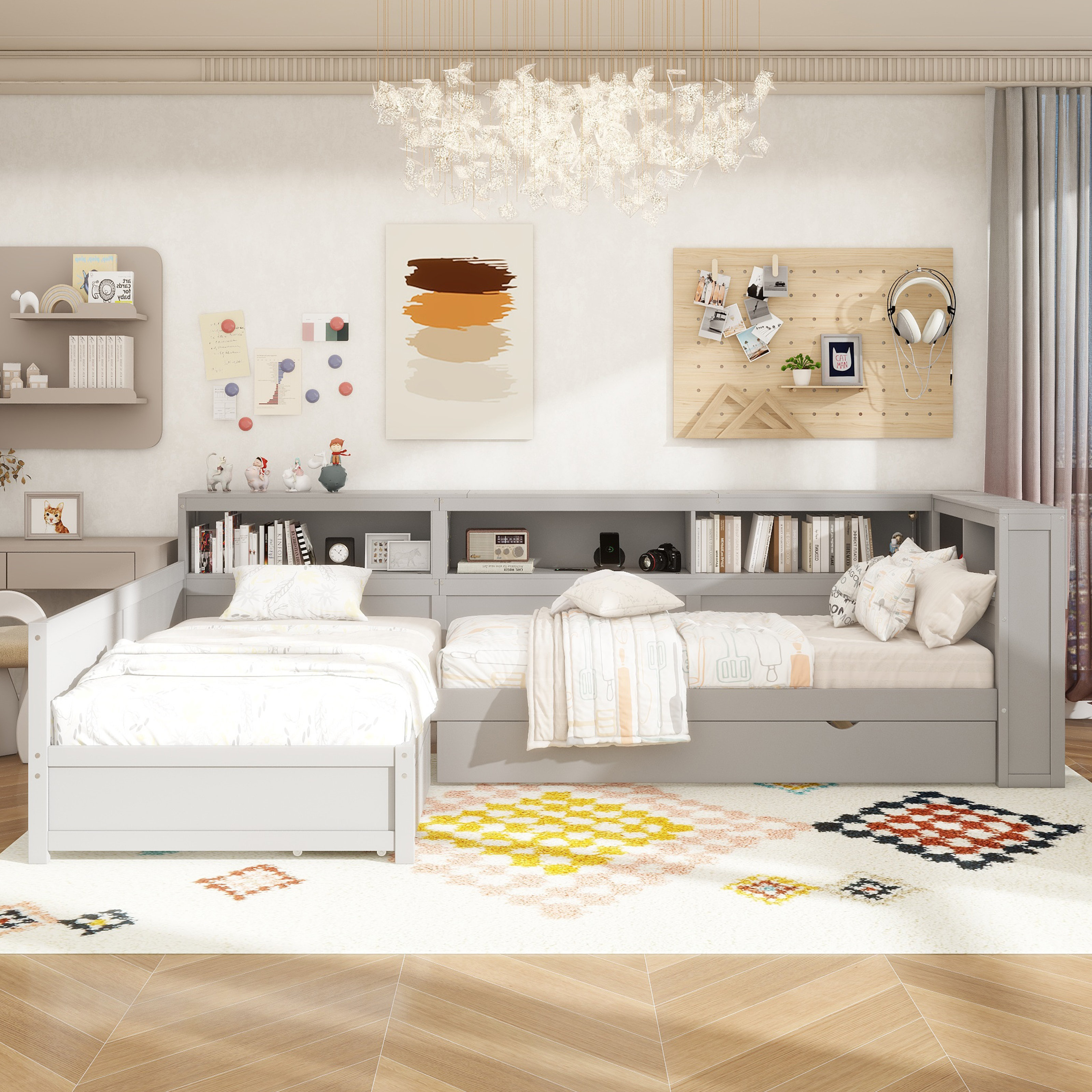 Red Barrel Studio® Twin Size L-Shaped Platform Bed With Trundle And A ...