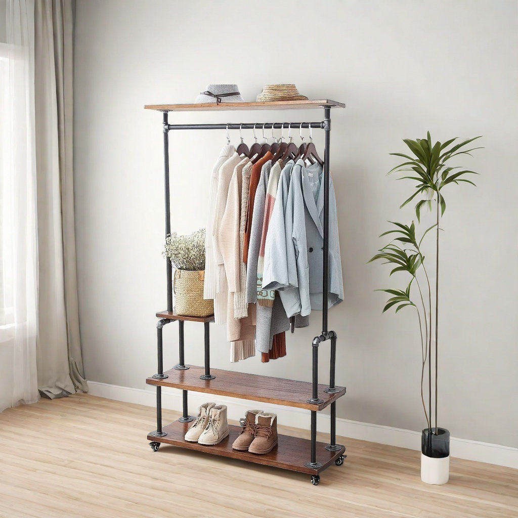DOFURNILIM Industrial Pipe Clothing Rack, Pine Wood Shelving, Shoes ...