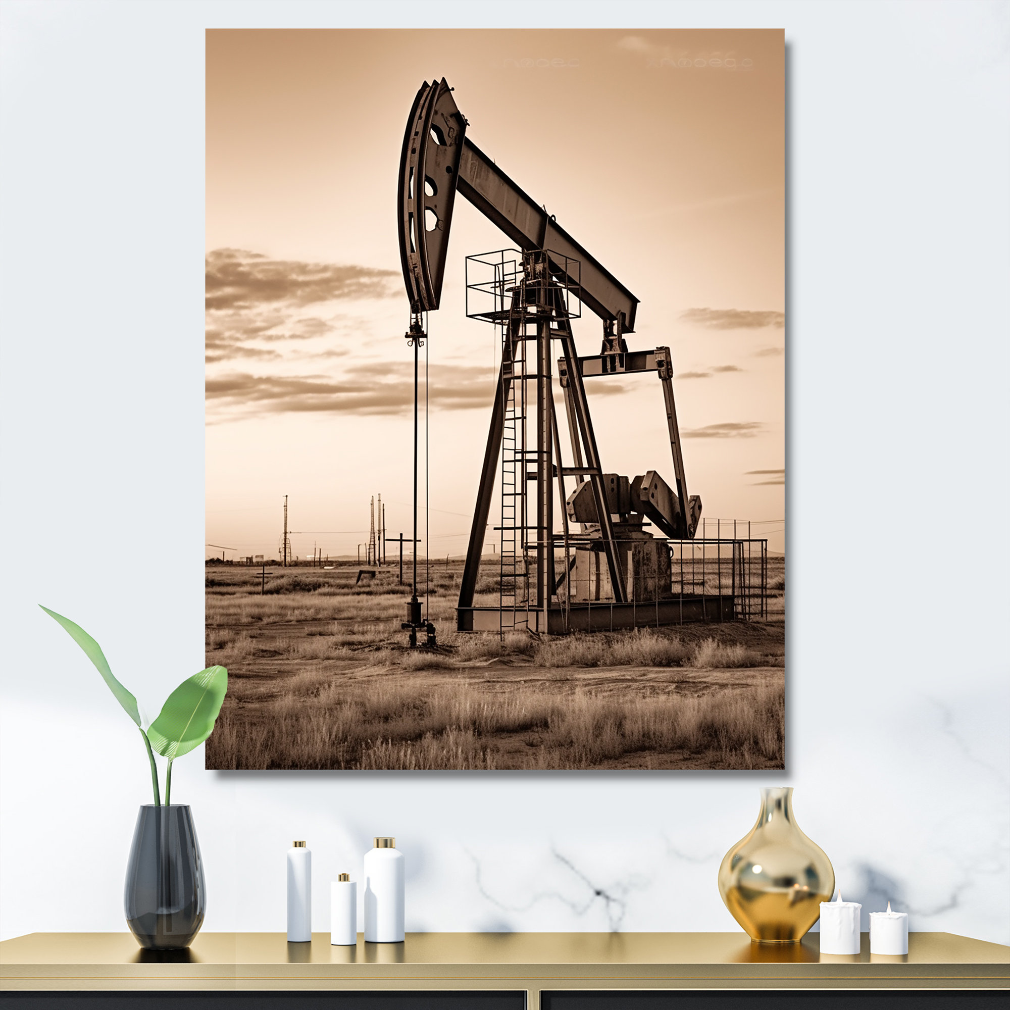 Design Art Sepia Oil Drilling Rig Fields Horizon - Oil Rigs / Fields ...