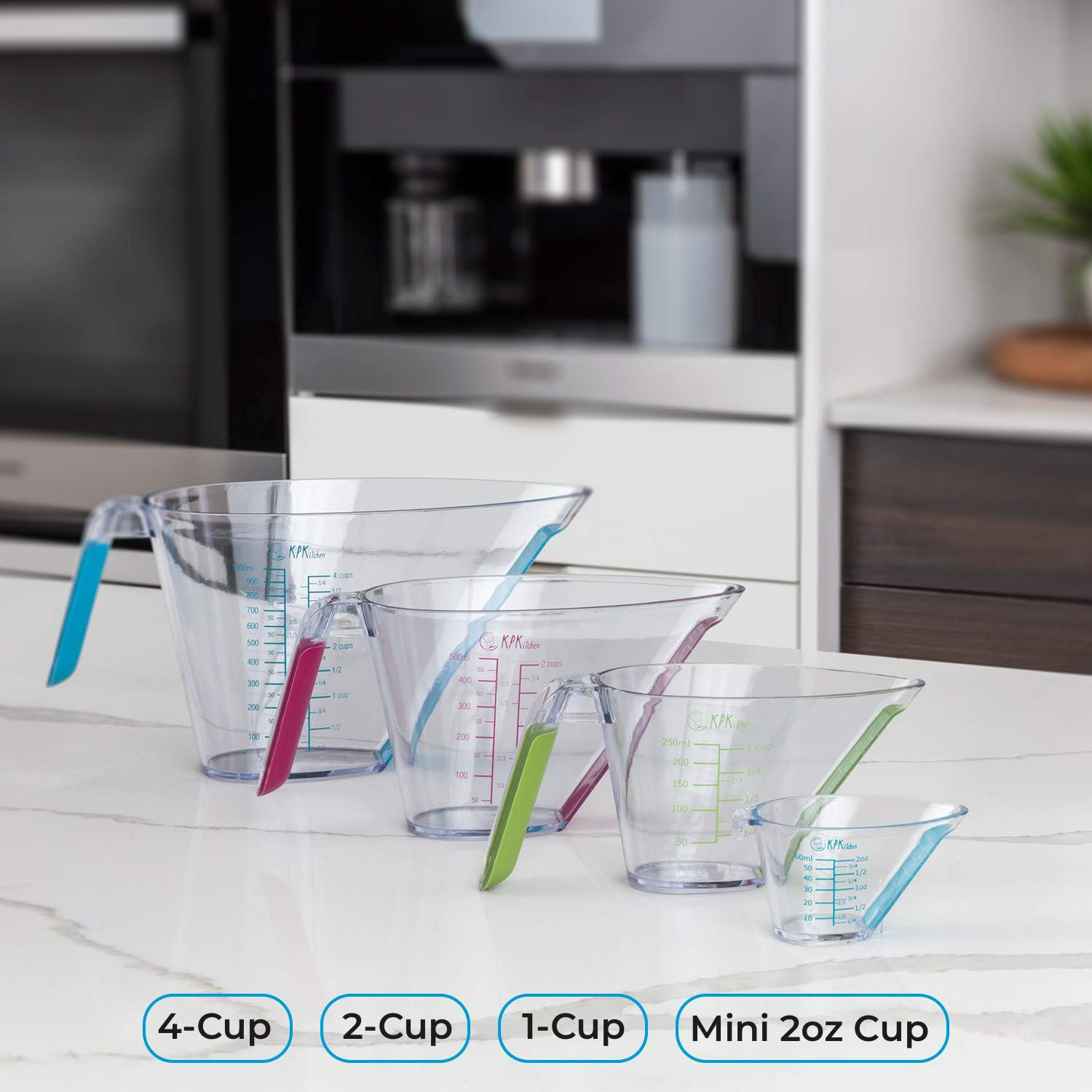 Belleze 4-Piece Angled Liquid Measuring Cups Set - Mini Oz, 1, 2 And 4 Measuring Cup Sizes ...