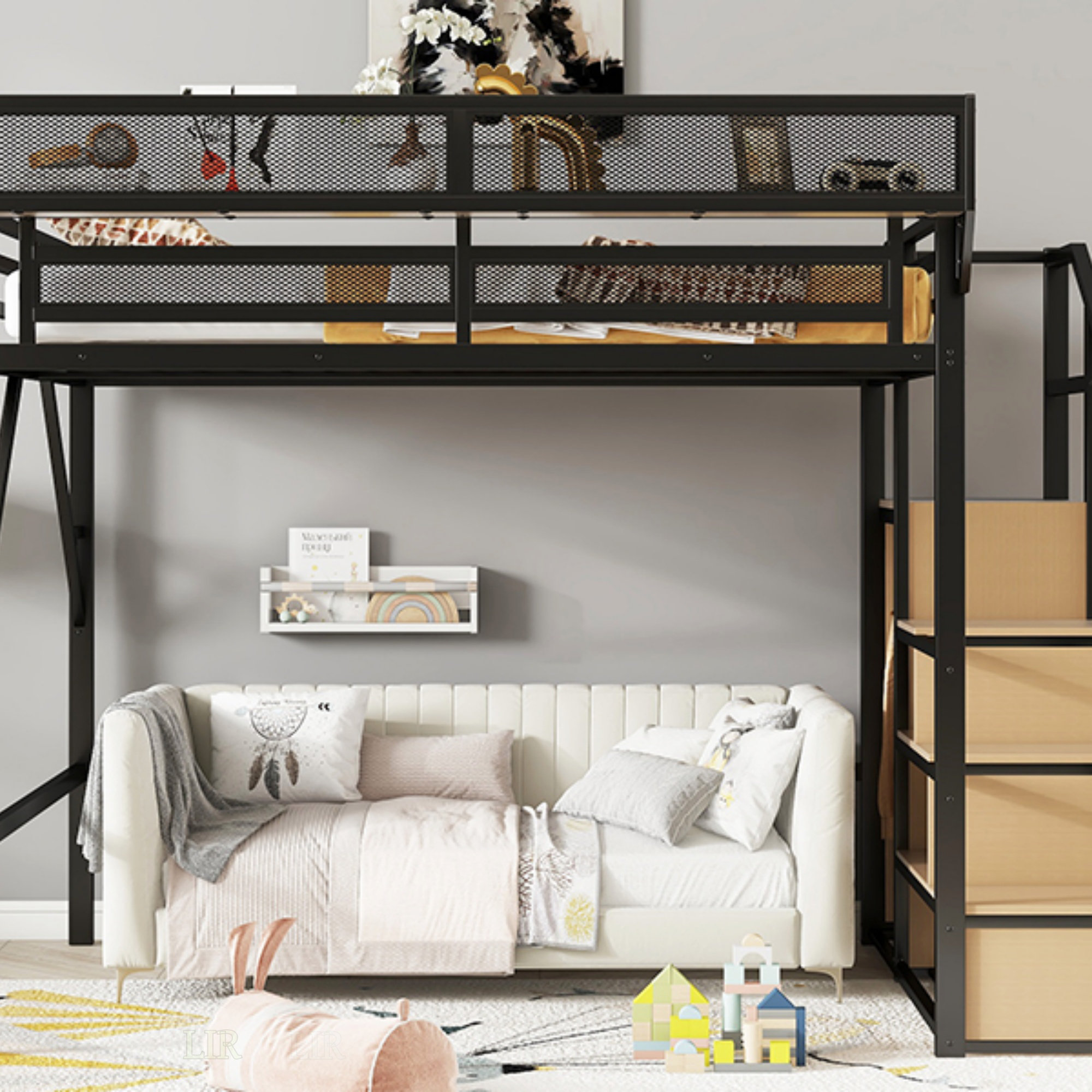 Ivy Bronx Vulnavia Size Metal Loft Bed With Stairs, Storage Shelves ...