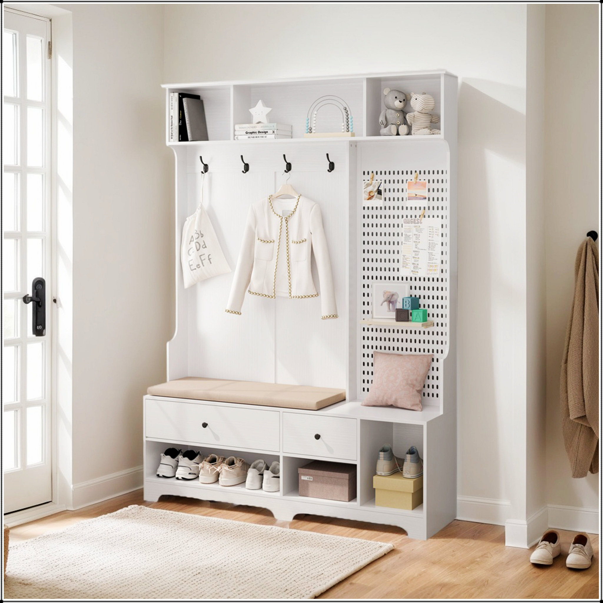 Latitude Run® Multi-purpose Hallway Hall Tree with Removable Linen Cushioned Entryway Bench ...