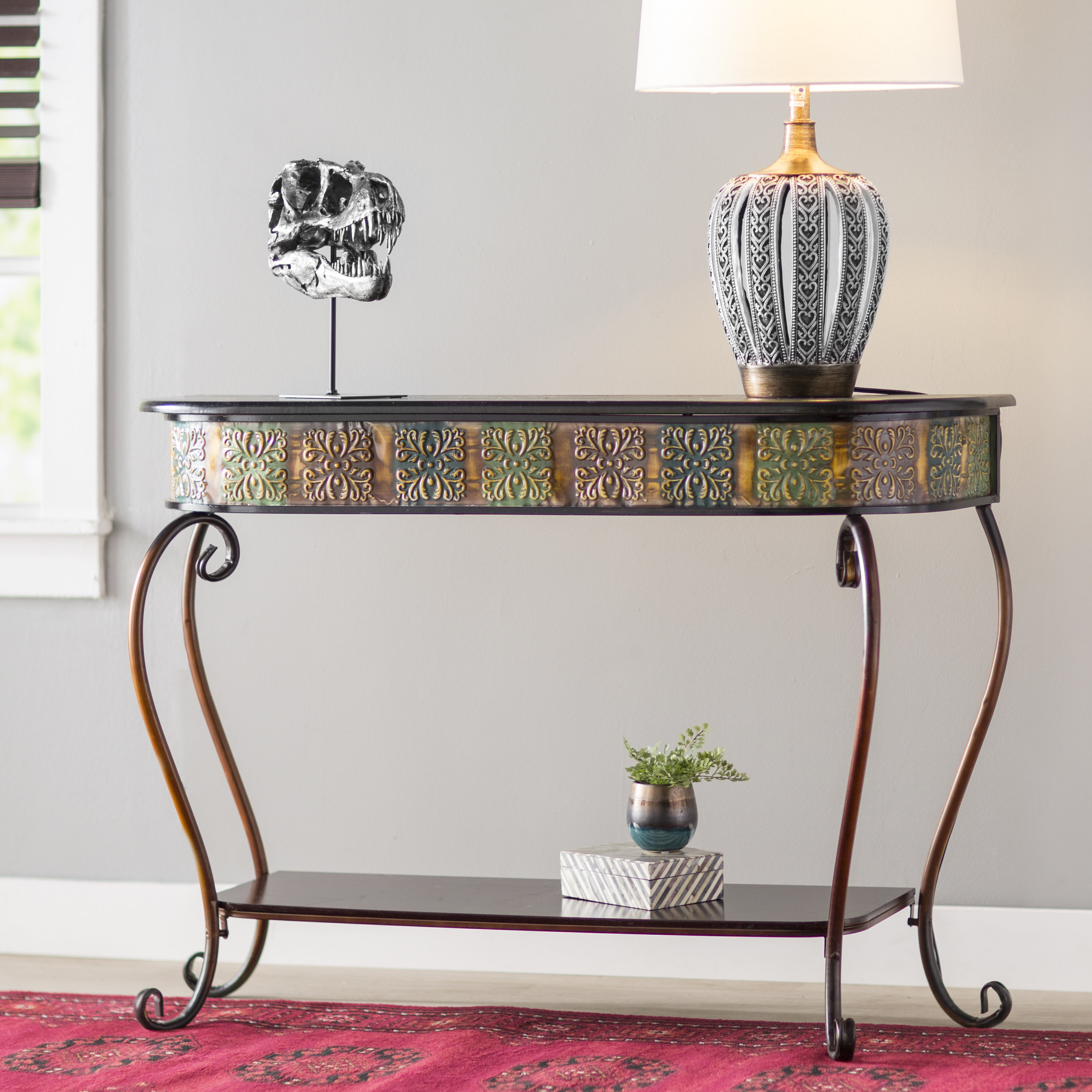 World Menagerie Metal Embossed 1 Shelf Floral Console Table with Ornate ...