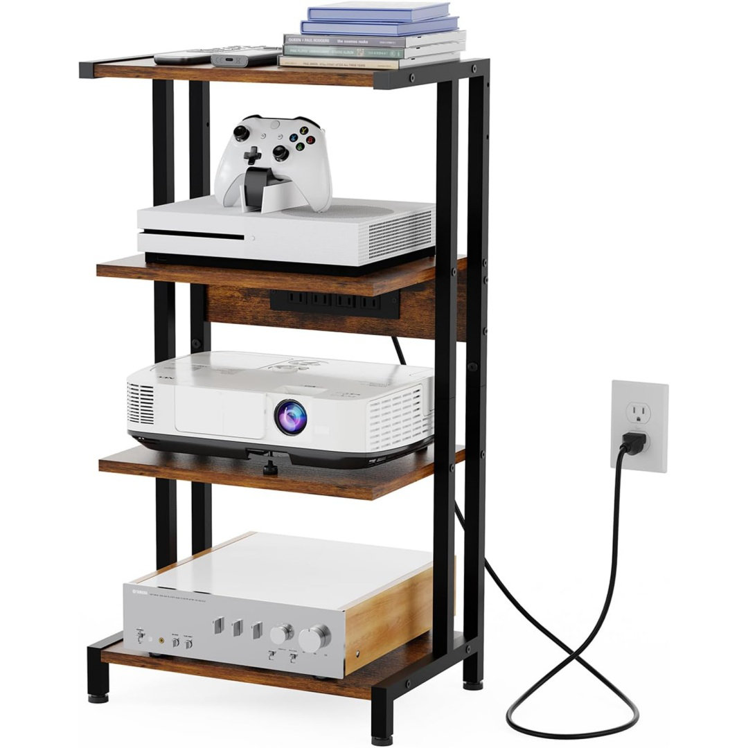 Latitude Run® 4-Tier AV Media Stand With Power Strips, Wooden Corner ...