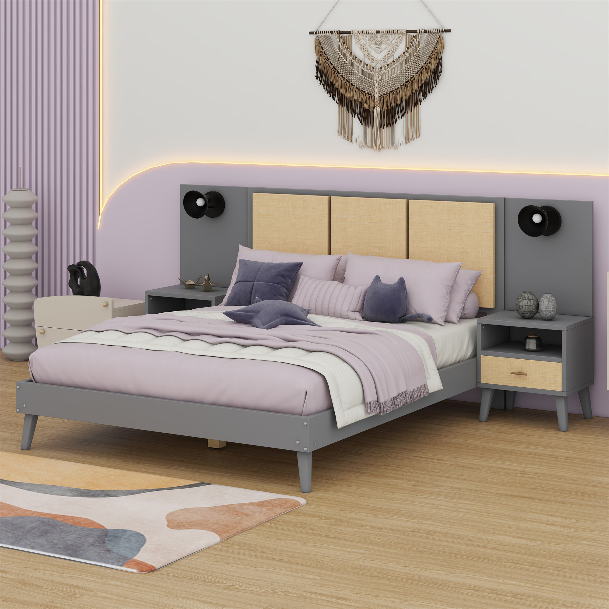 Corrigan Studio Solid Wood Bed Frame With 2 Nightstands, Elegant Design ...