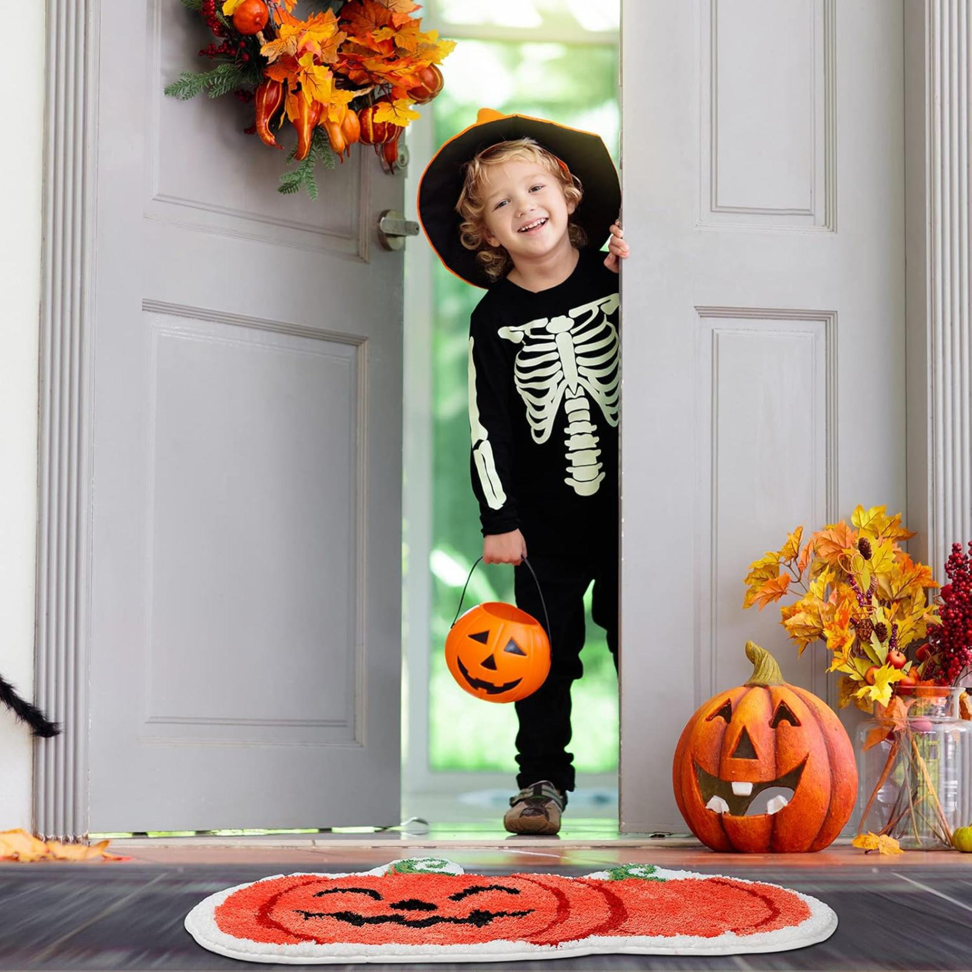 The Holiday Aisle® Halloween Pumpkin Bathroom Rug, Cute Cartoon Pumpkin ...