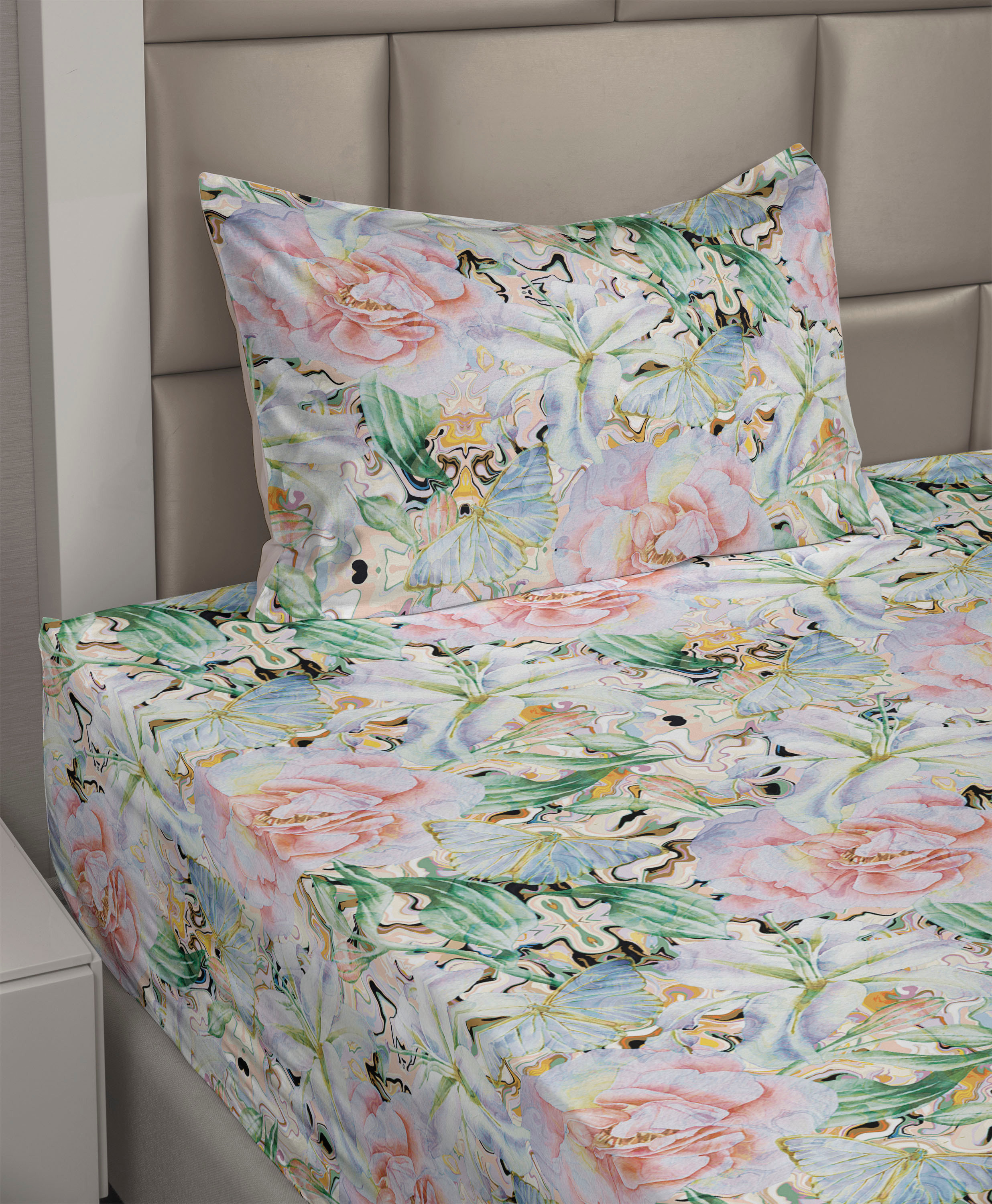 Ambesonne Floral Design Sheet Set Psychedelic Rose Art Jade Green Pale ...