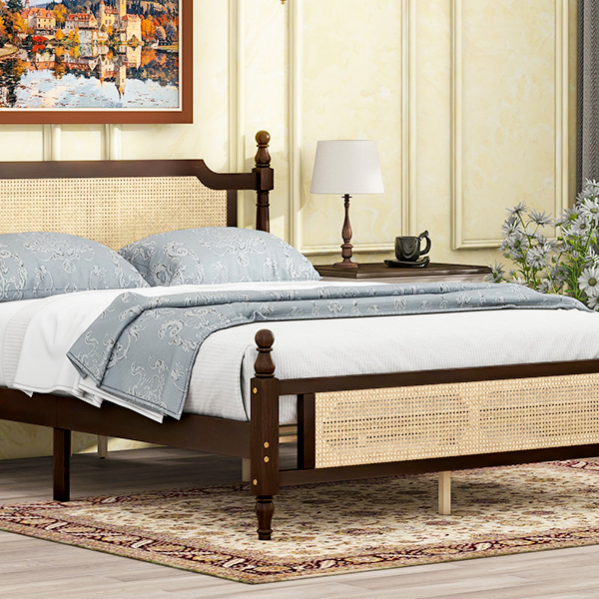 Bayou Breeze Queen Pine Wooden Bed With Rattan Headboard And Footboard ...