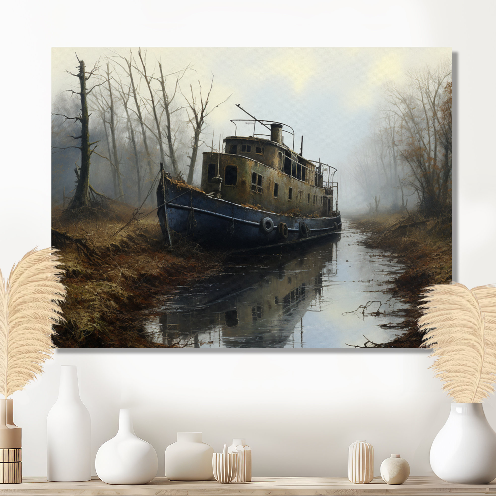 Breakwater Bay Deserted Fisherman Boat Alone In Misty River - Boat Wall ...