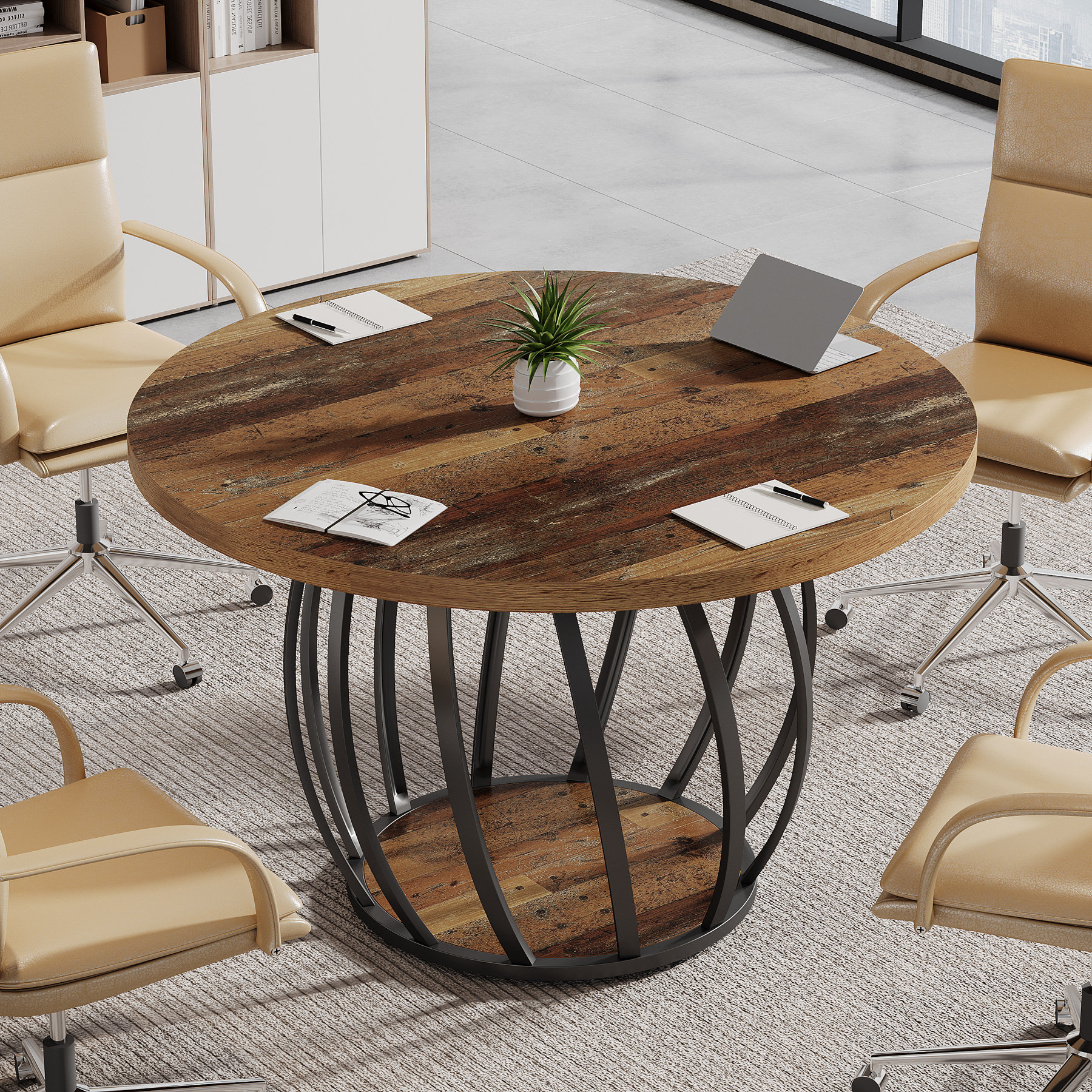 Inbox Zero Round Conference Room Table, 46.46'' Small Wooden Office ...