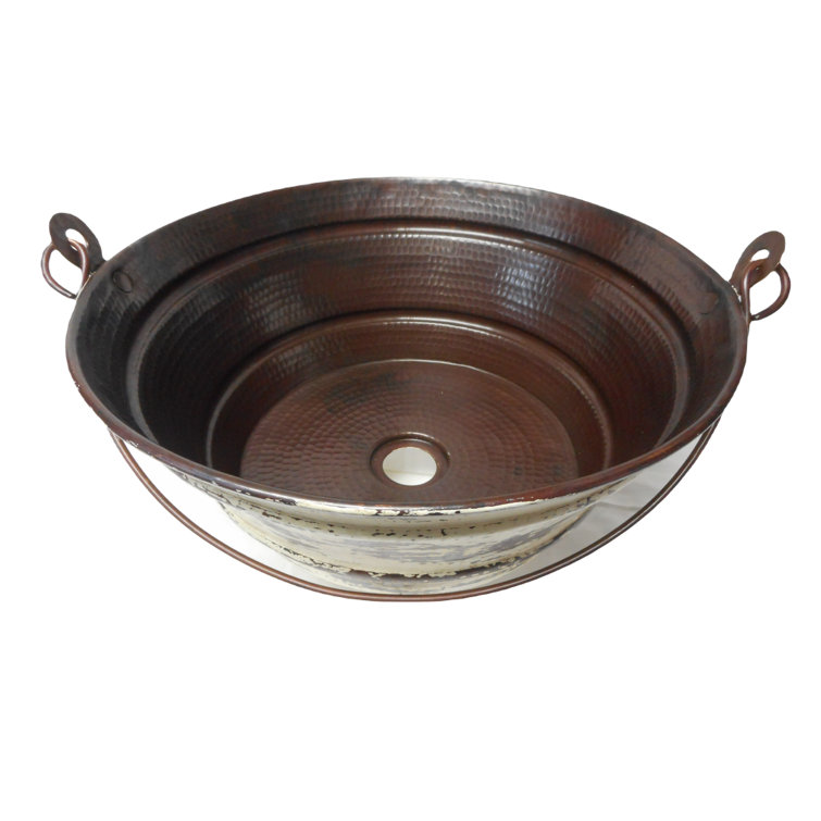 SimplyCopper 15" Round Copper Vessel Bucket Sink Antique White Exterior ...