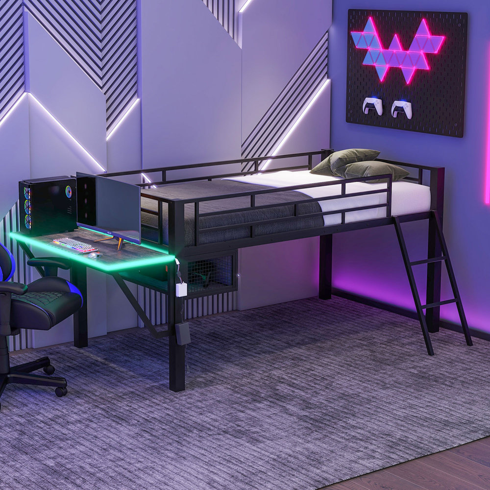17 Stories Gaming mid loft bed with desk, LED | Wayfair