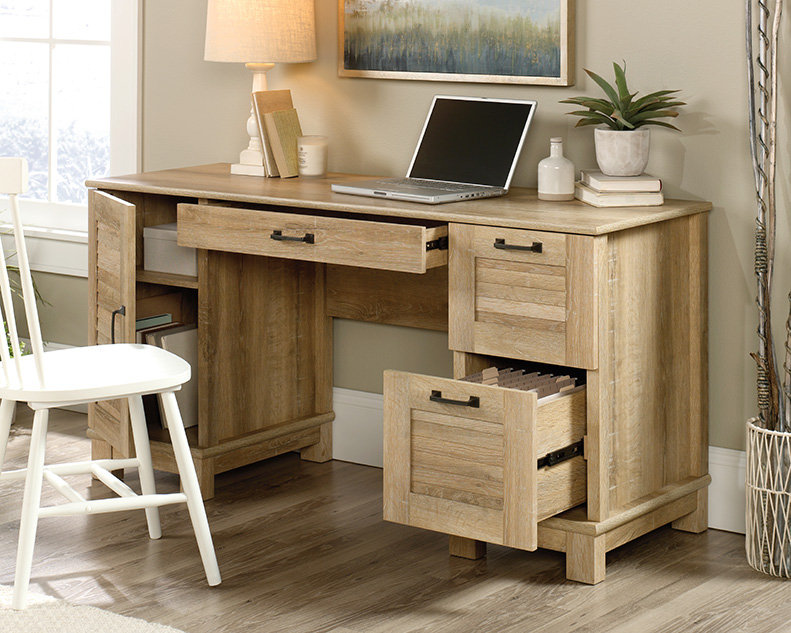 Inbox Zero Orchard Oak Finish Desk with Drawers | Wayfair