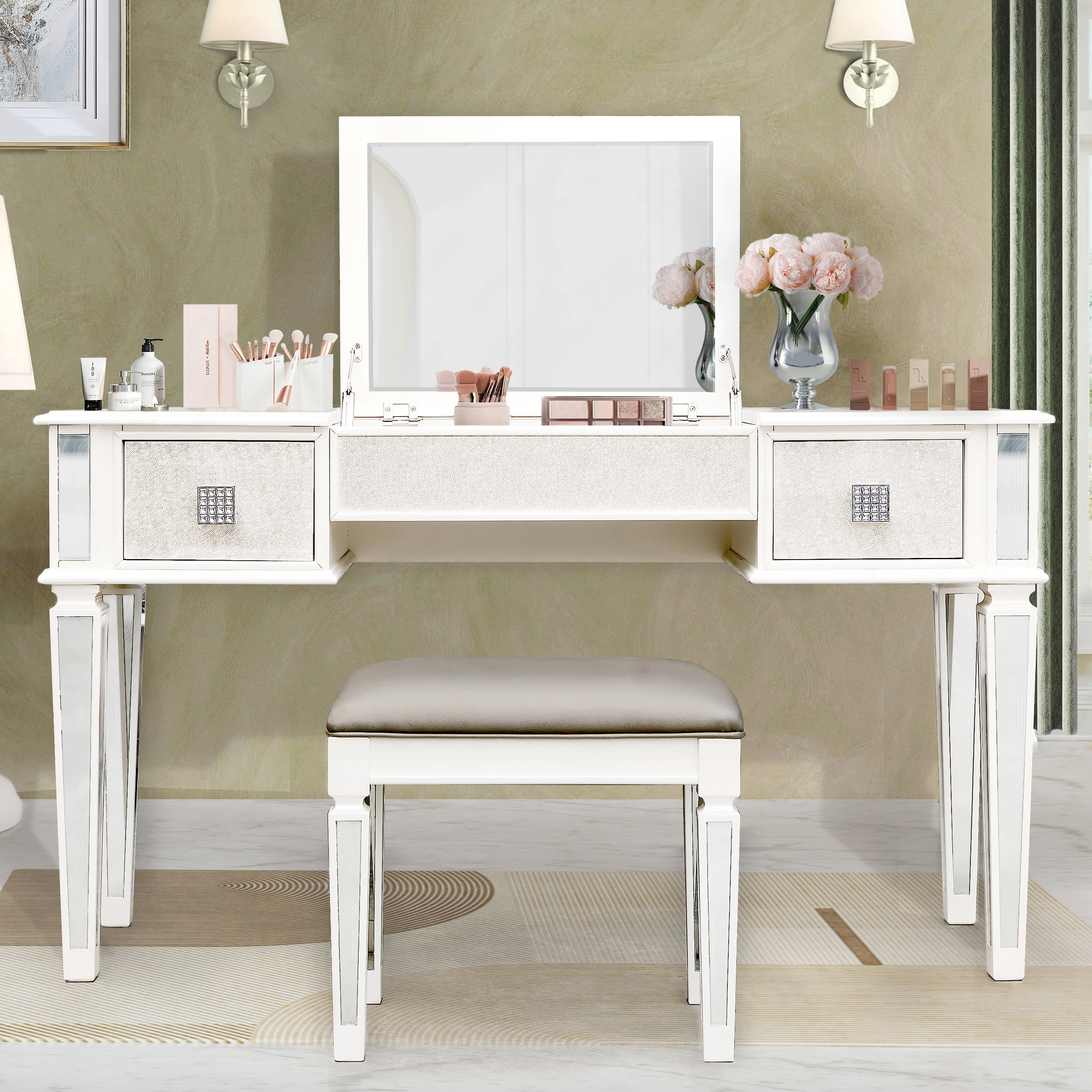 Rosdorf Park Makeup Vanity Table with 2 Diamond Handles Drawers & Flip ...