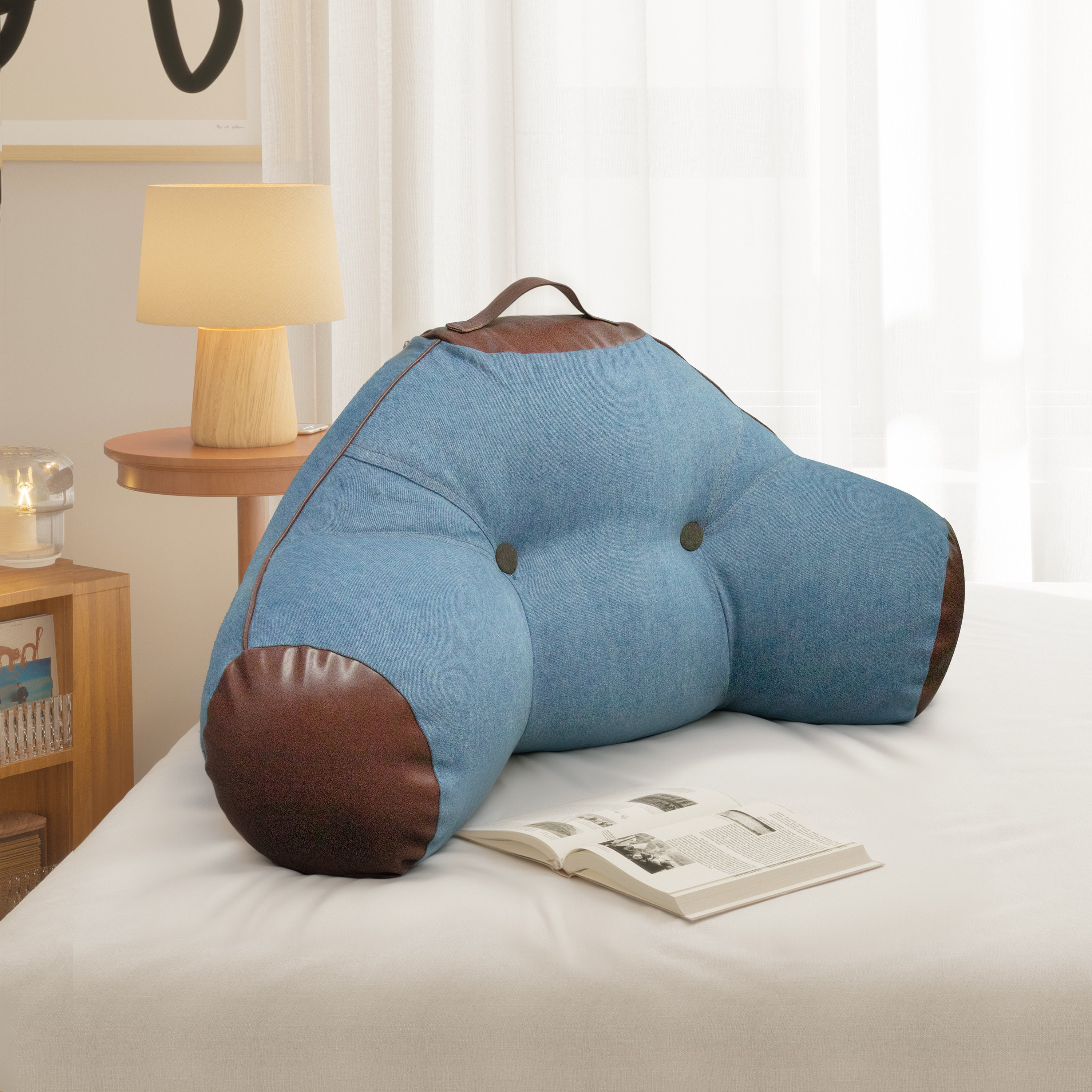 WOWMAX Denim Blue Button Tufted Reading Pillow with Arms & Handle Band ...