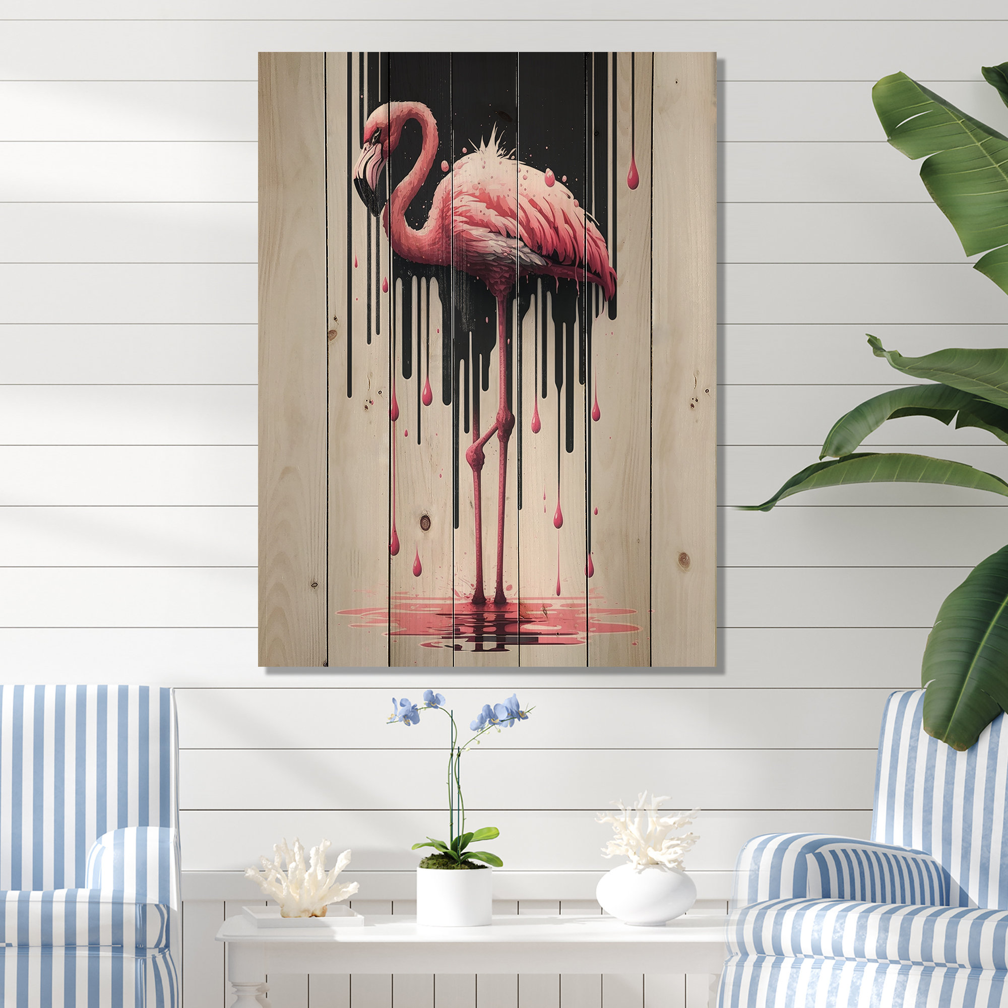 Bay Isle Home™ Eljean Flamingo With Paint Dripping1 On Wood Print | Wayfair