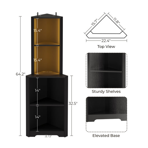 Ebern Designs Black Corner BookShelf with USB Ports and LED Lightline ...