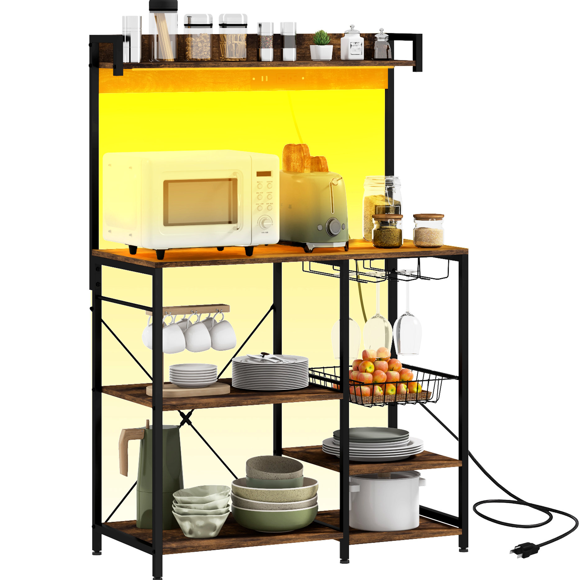 Banior Led Lighted & Power Equipped Baker's Rack. Rustic Brown Kitchen ...