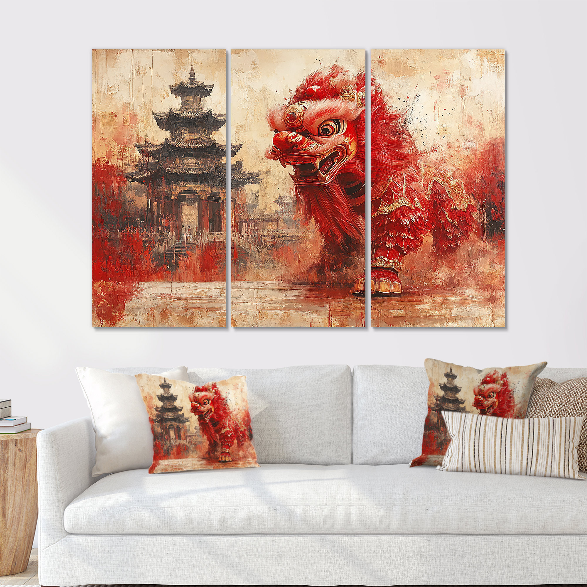 Latitude Run® Red And Grey Dragons Lion Dance - Dragons Wall Art Living ...