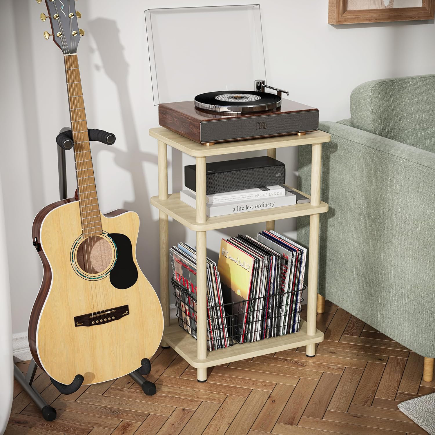 Latitude Run® 3 Tier End Table, Record Player Stand With Storage Shelf ...