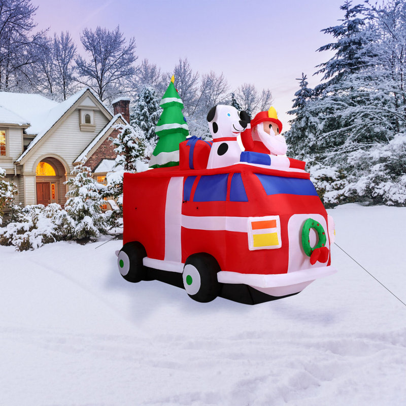 Fraser Hill Farm 7-Ft. Pre-Lit Inflatable Santa in Fire Truck | Wayfair