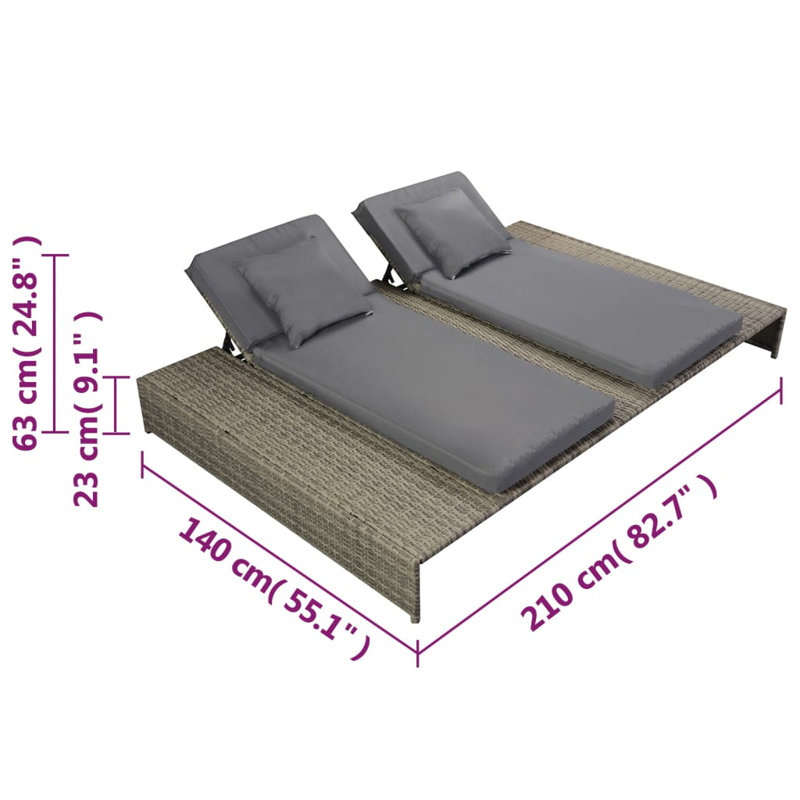 Highland Dunes Double Sun Lounger with Cushion Poly Rattan Gray ...