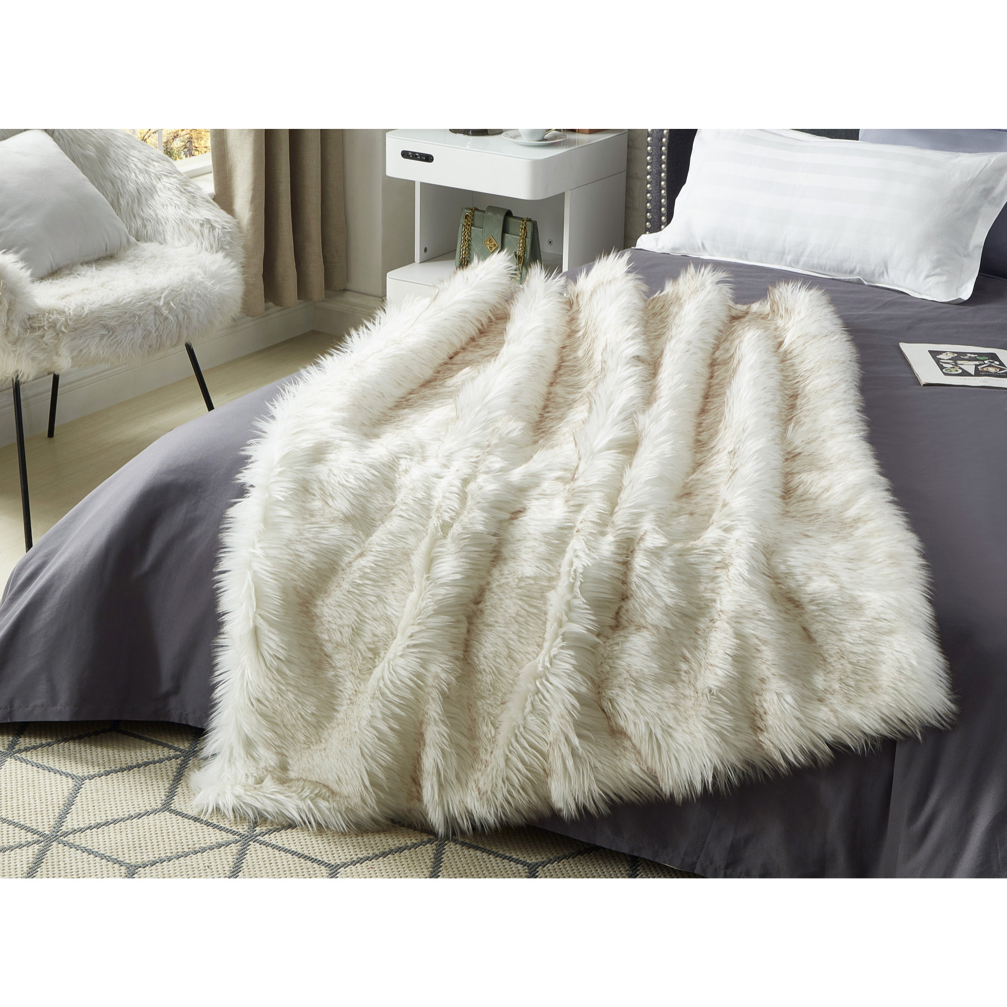 Cozy Tyme Waleed Faux Wolf Fur Throw Reverse Micromink 50" x 60 ...
