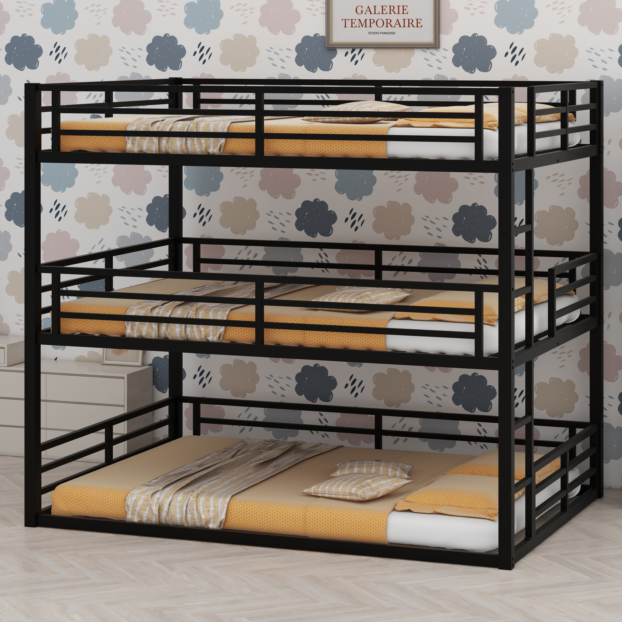 Ivy Bronx Metal Triple Bunk Bed With Safety Guardrails | Wayfair