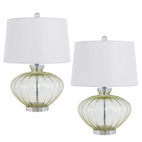 Benjara 23 Inch Table Lamp Set of 2, Round Crystal Base, White Fabric ...
