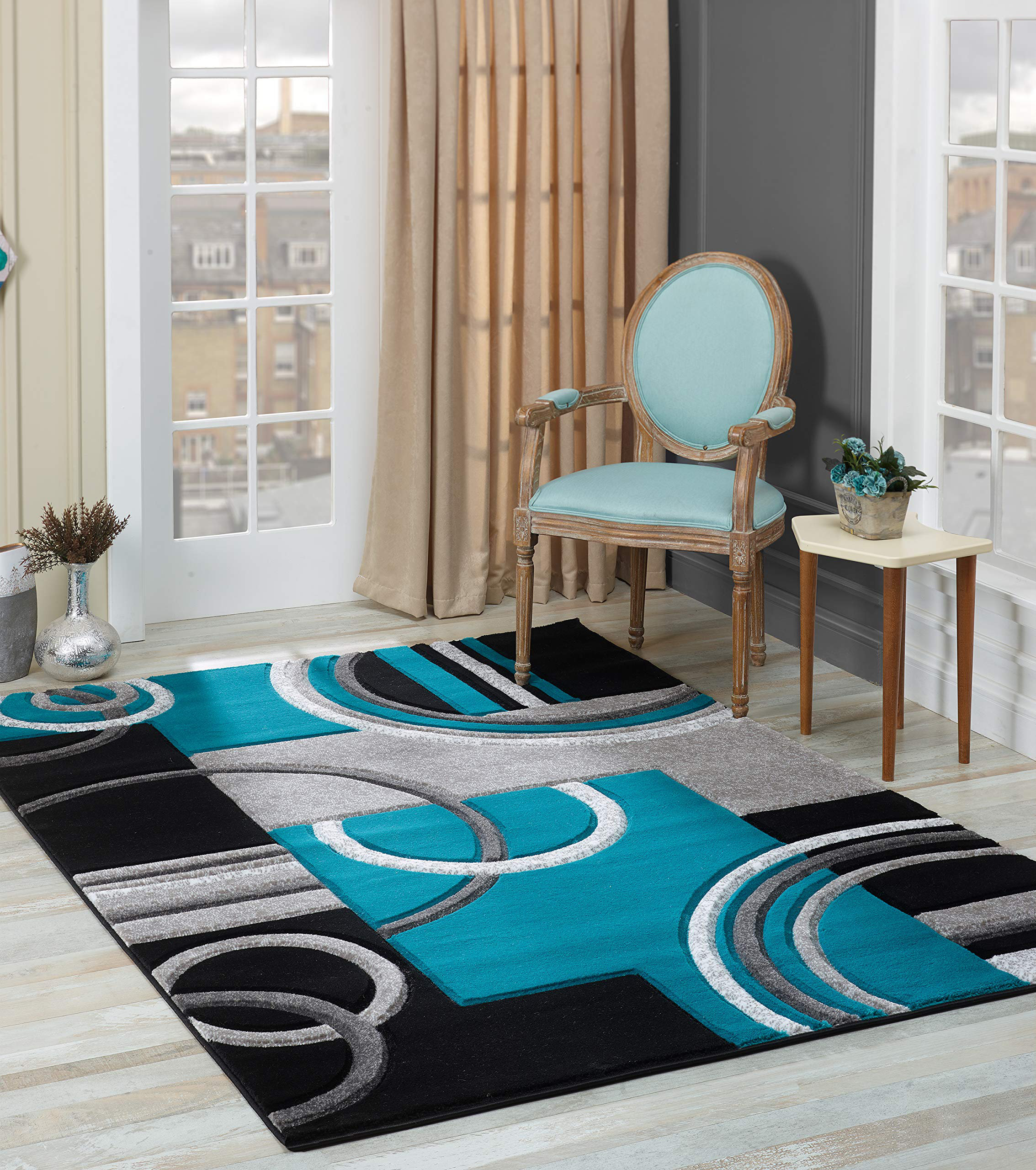 Wrought Studio™ GLORYRUGS Modern Turquoise Hand-Carved Area Rug with ...