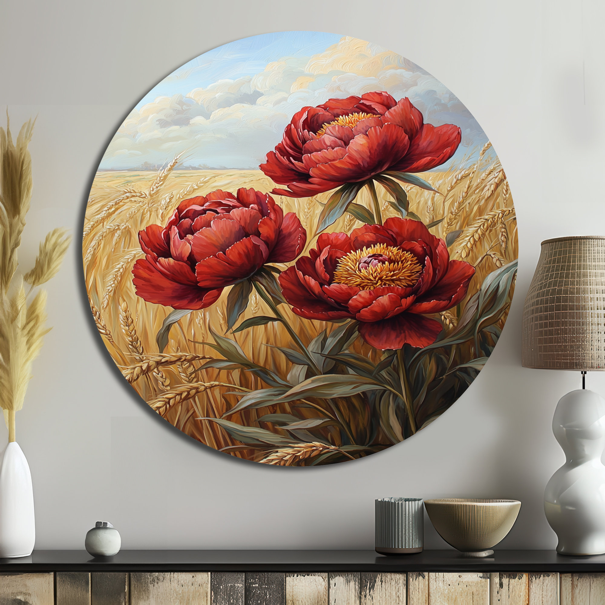 August Grove® Red Peonies In The Grain Field I - Traditional Red Metal ...