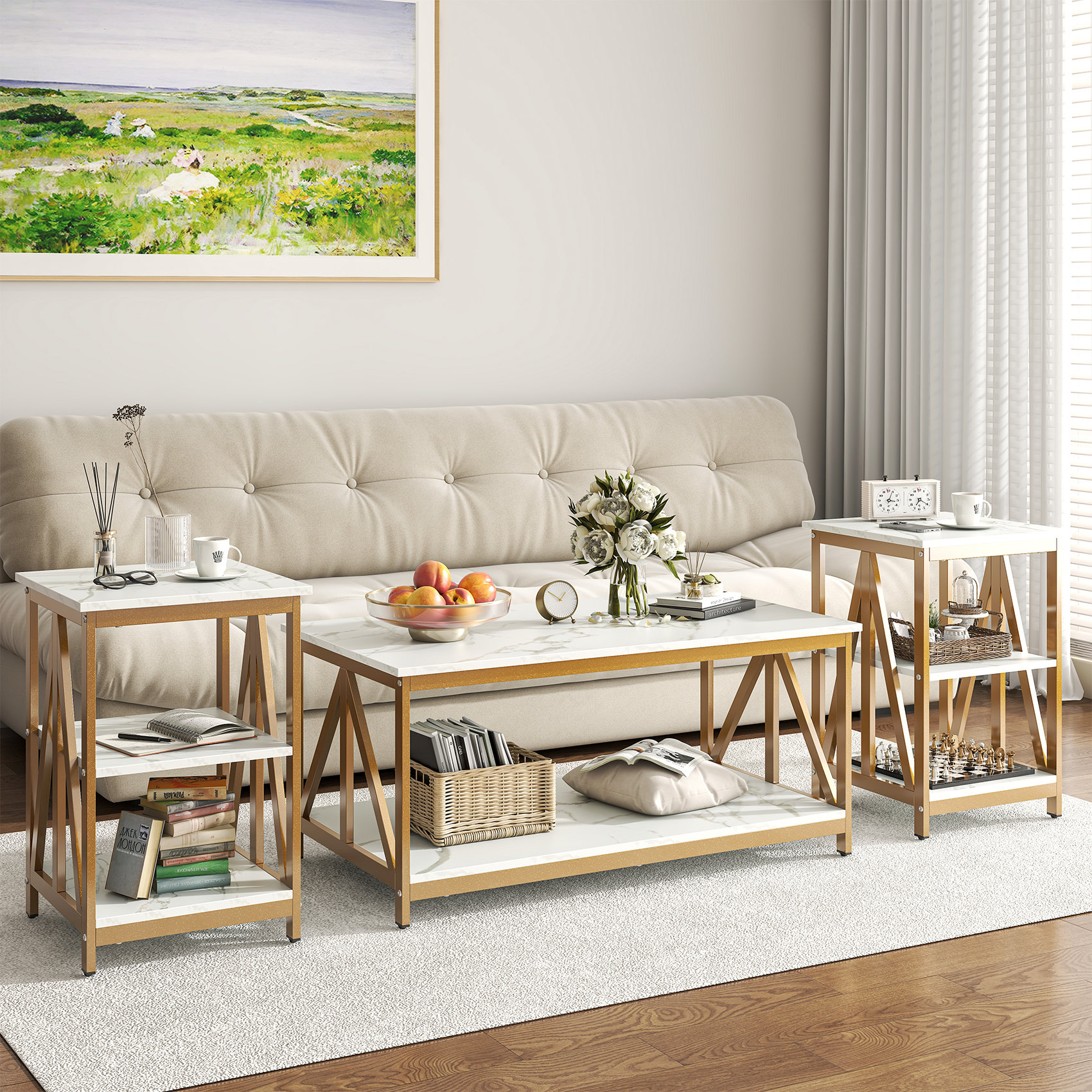 Mercer41 Living Room Coffee Table Set of 3, Industrial Triangular-Design Coffee Table and 2 End ...