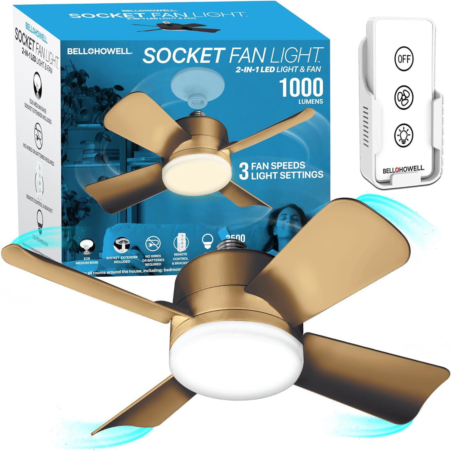 Bell + Howell Socket Fan Bronze Ceiling Fan with Warm Light and Remote ...
