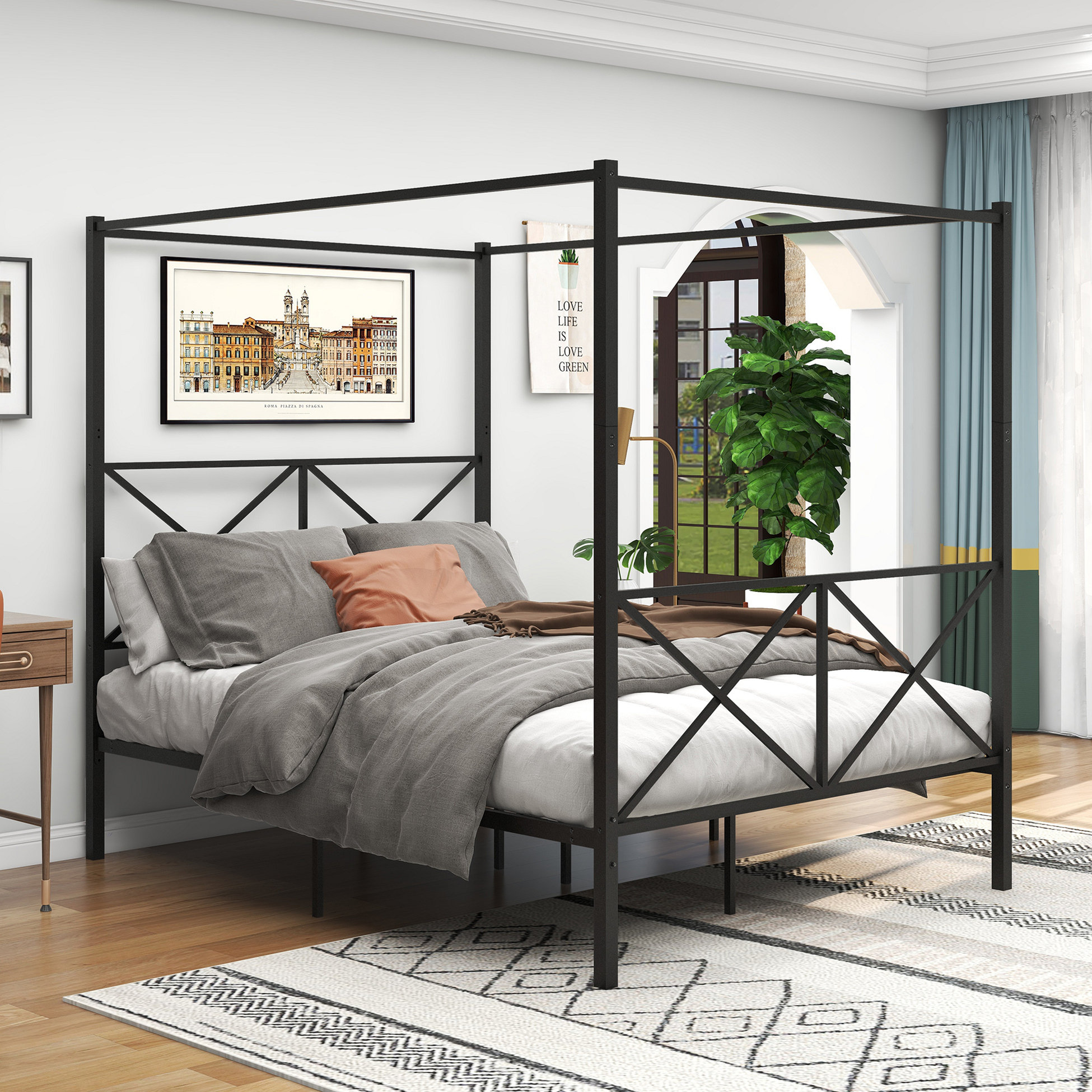 Wrought Studio Metal Canopy Bed Frame, Platform Bed Frame Queen With X ...