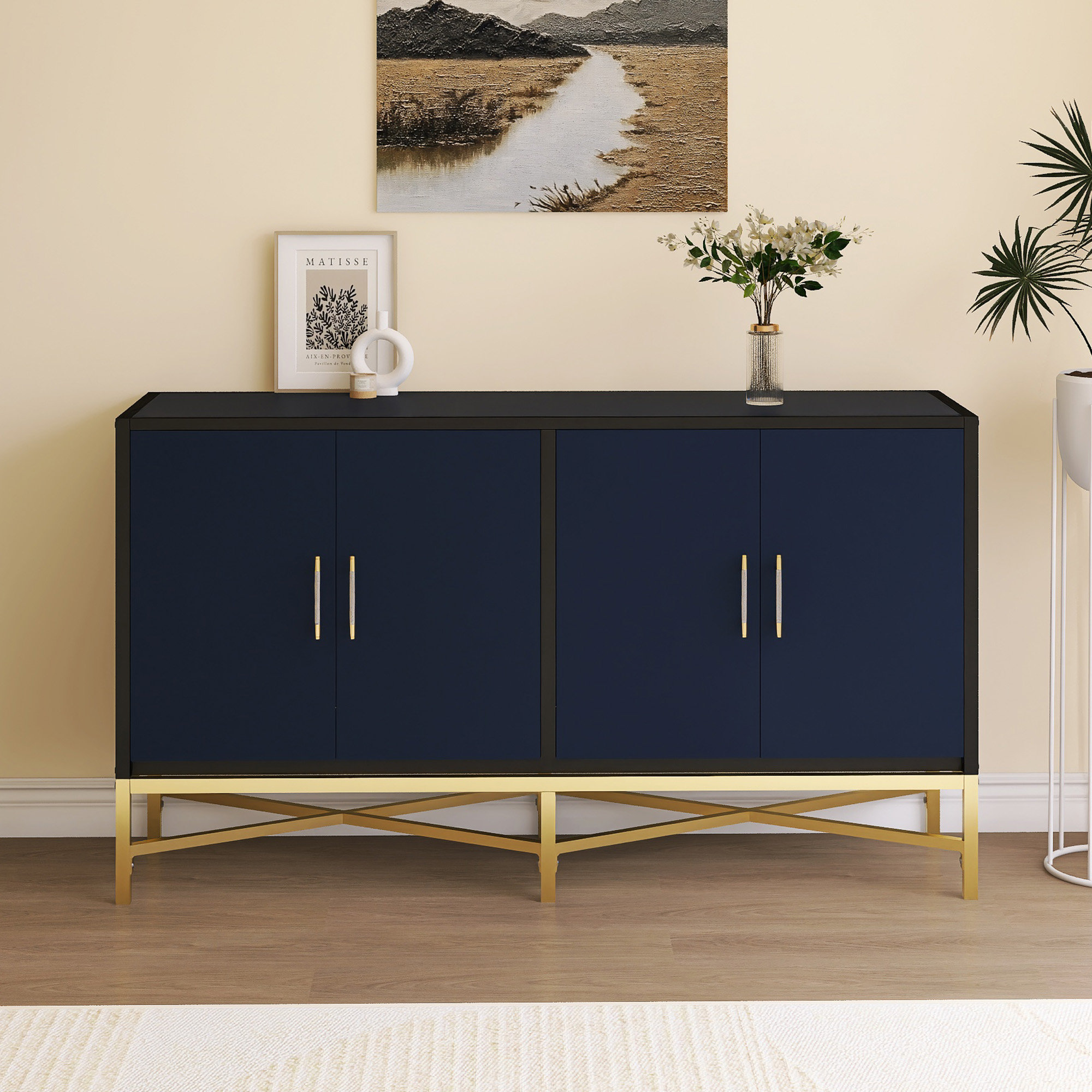 Mercer41 Four-Door Sideboard With Metal And Cross-Leg Desig | Wayfair