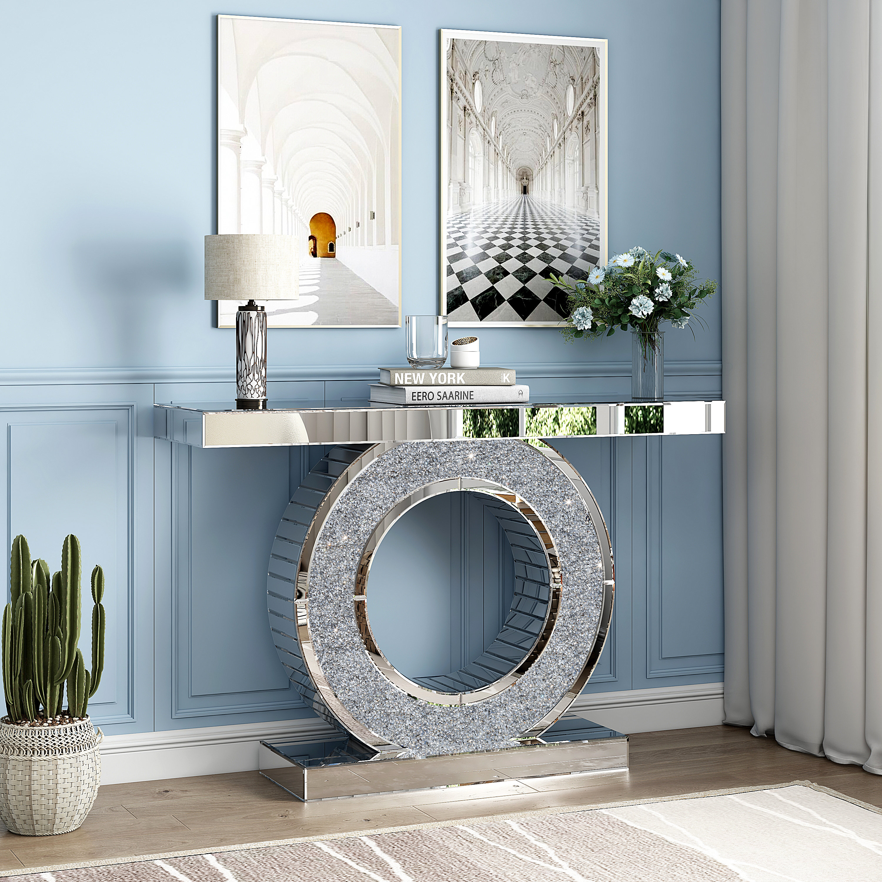 Mercer41 Gola 47.27" Mirrored Glass Console Table with Crush Diamond ...