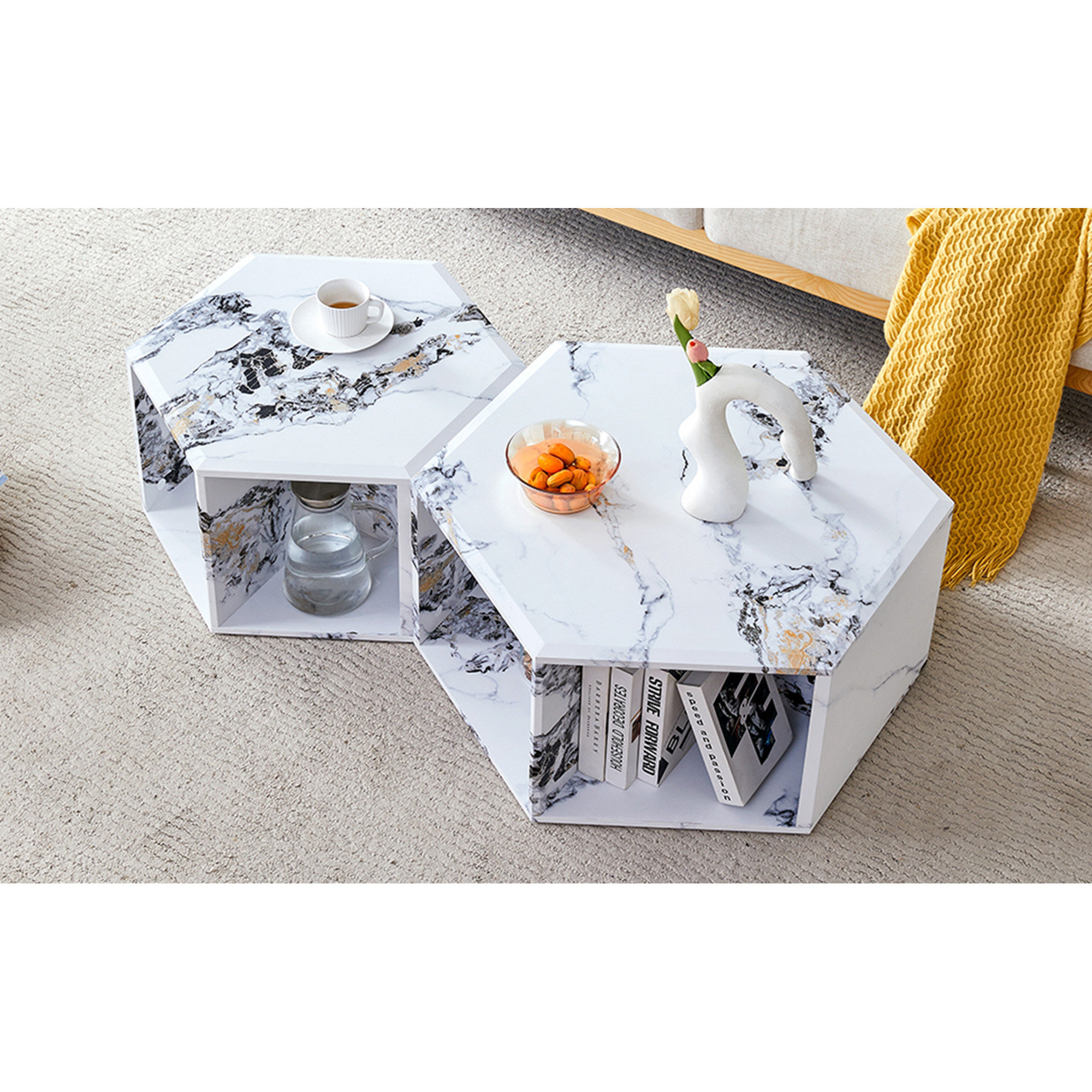 Ivy Bronx Minimalist Patterns Hexagonal Coffee Table Set.Hexagonal MDF ...
