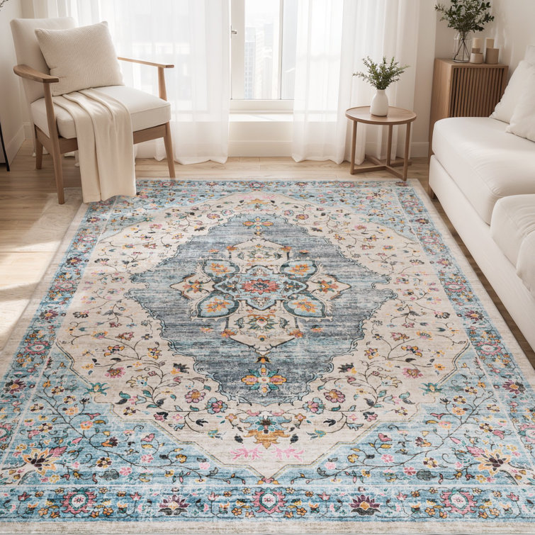 Bungalow Rose Floral Machine Washable No-Skid Area Rug | Wayfair