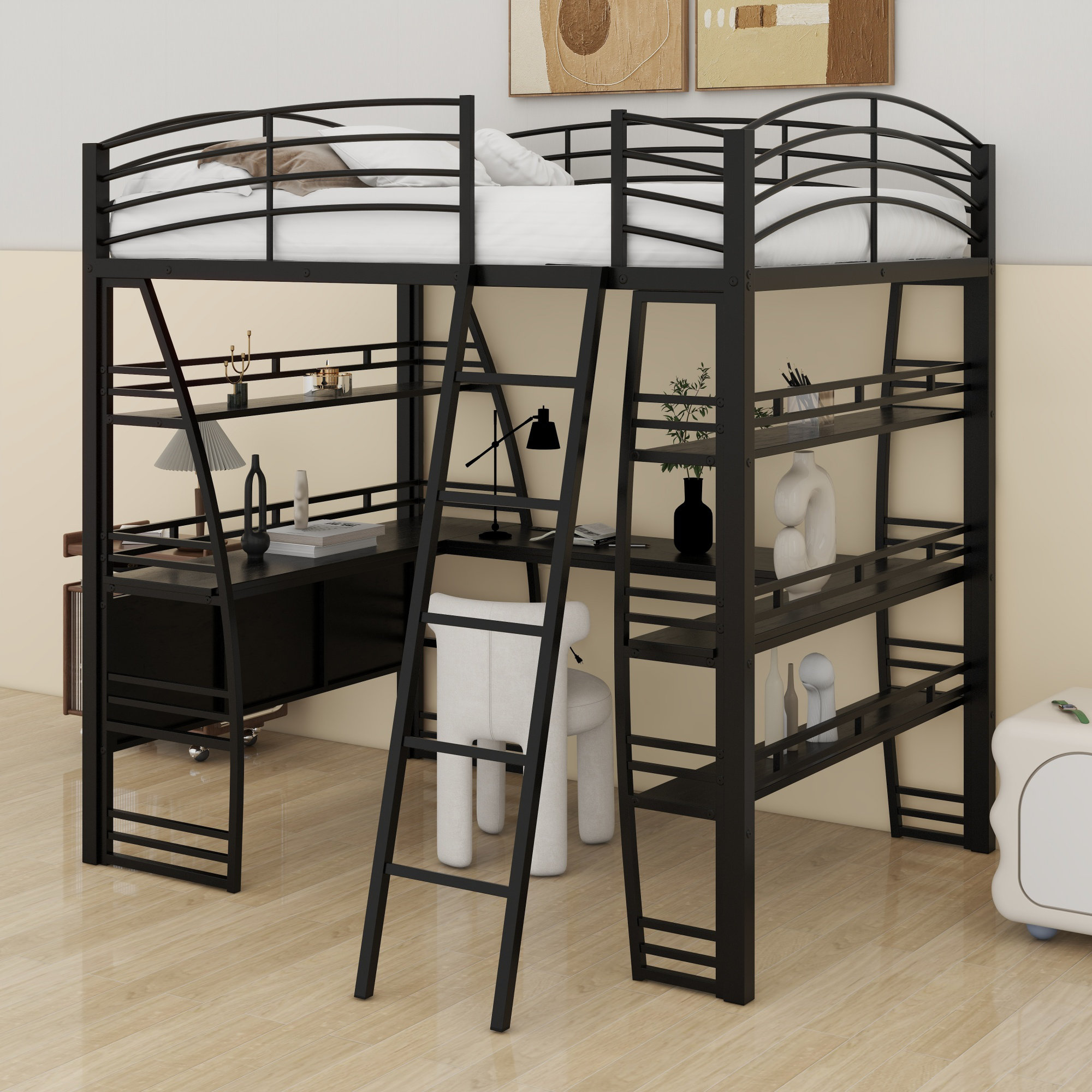 WORK LOGICS LLC Loft Bed With 4 Layers Of Shelves And L-Shaped Desk,Stylish Metal Frame Bed With ...
