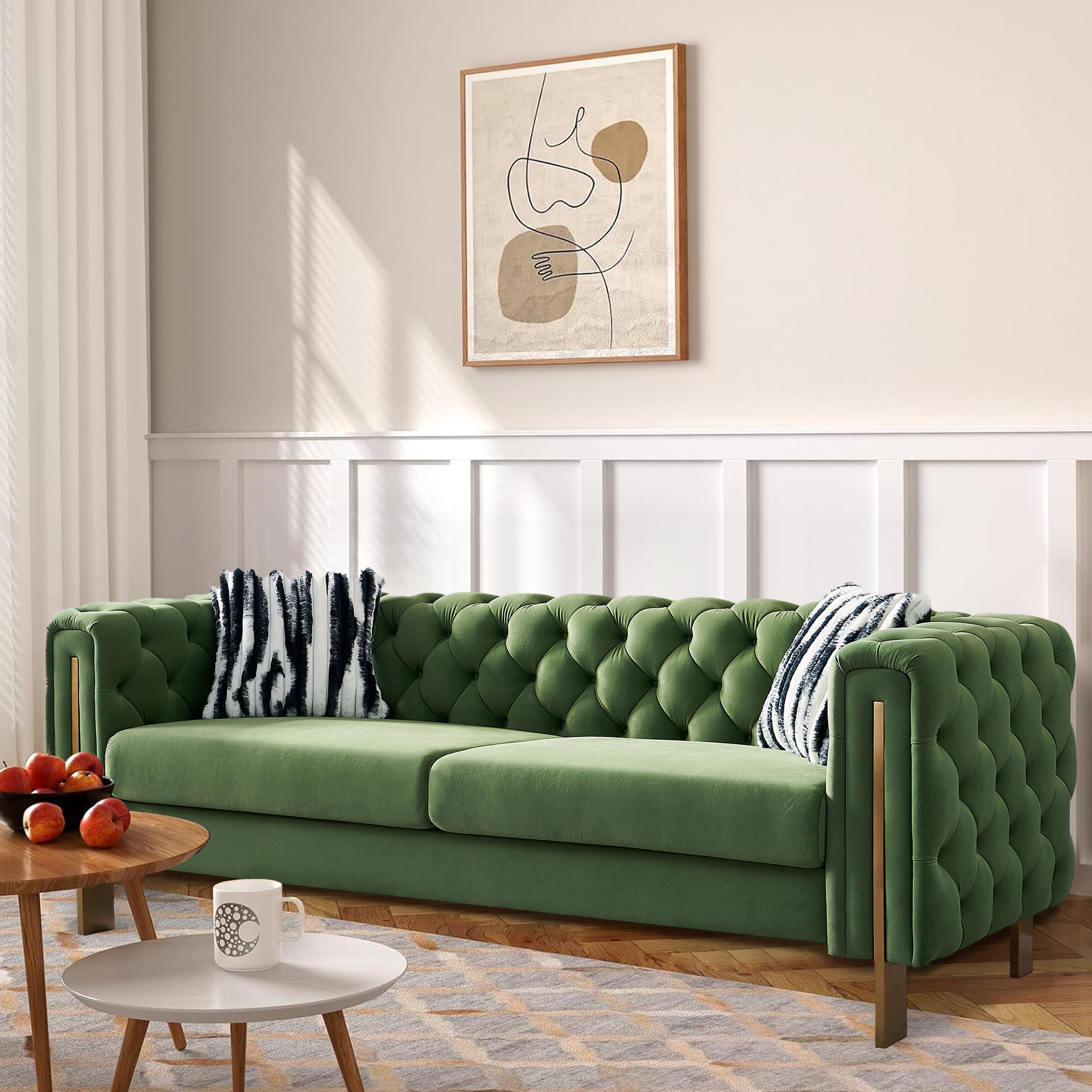 Red Barrel Studio 84" Upholstered Velvet Sofa Couch with Tufted Buttons ...