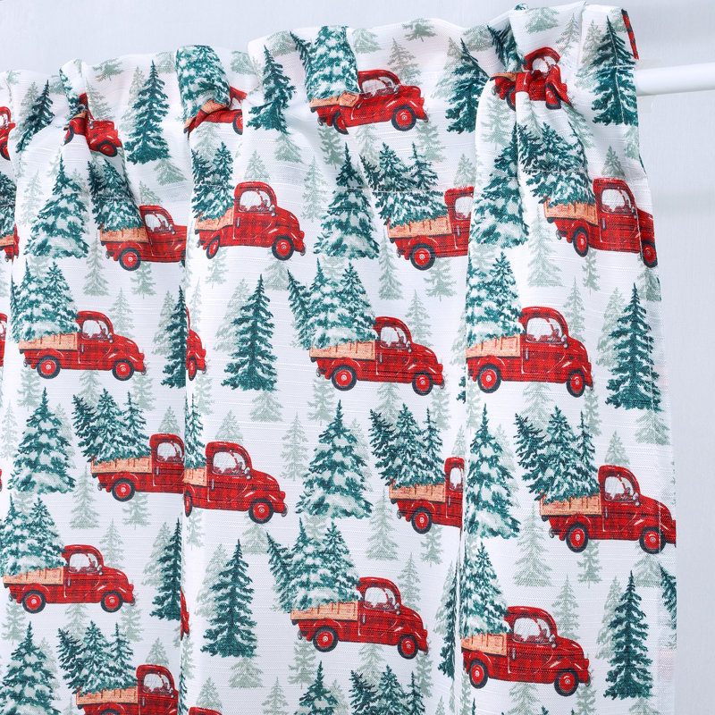 August Grove® Cindell Christmas Plaid Trucks 52'' W Kitchen Curtain ...
