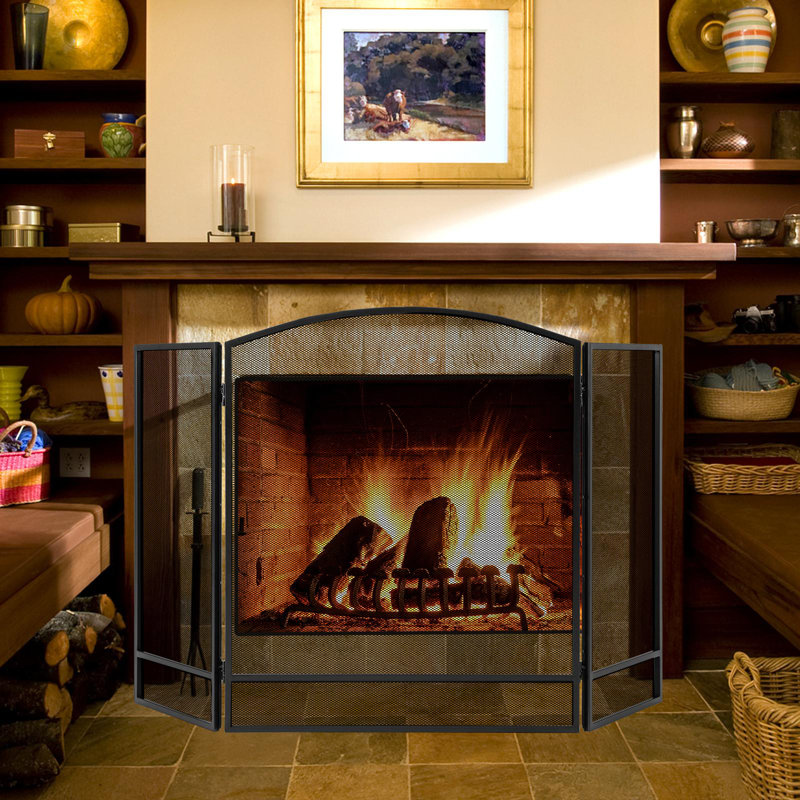 Winston Porter 3-panel Folding Fireplace Screen, Wrought Iron Spark ...