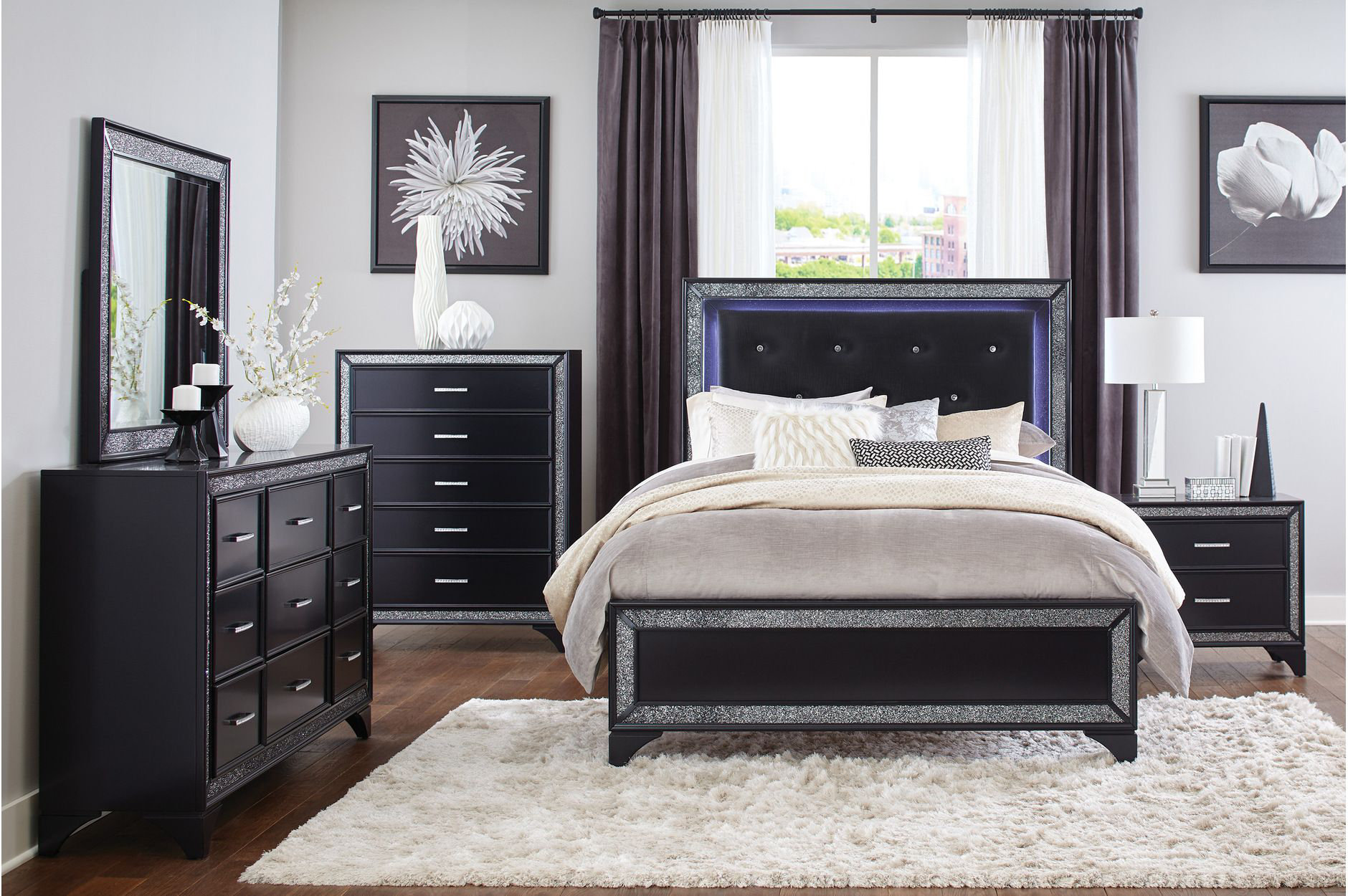 House of Hampton® Mareda Amalee Black Upholstered LED Panel Bedroom Set ...