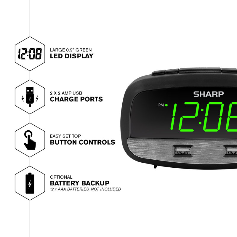 Sharp Digital Alarm Clock with Dual USB Fast charge ports, Green LED ...